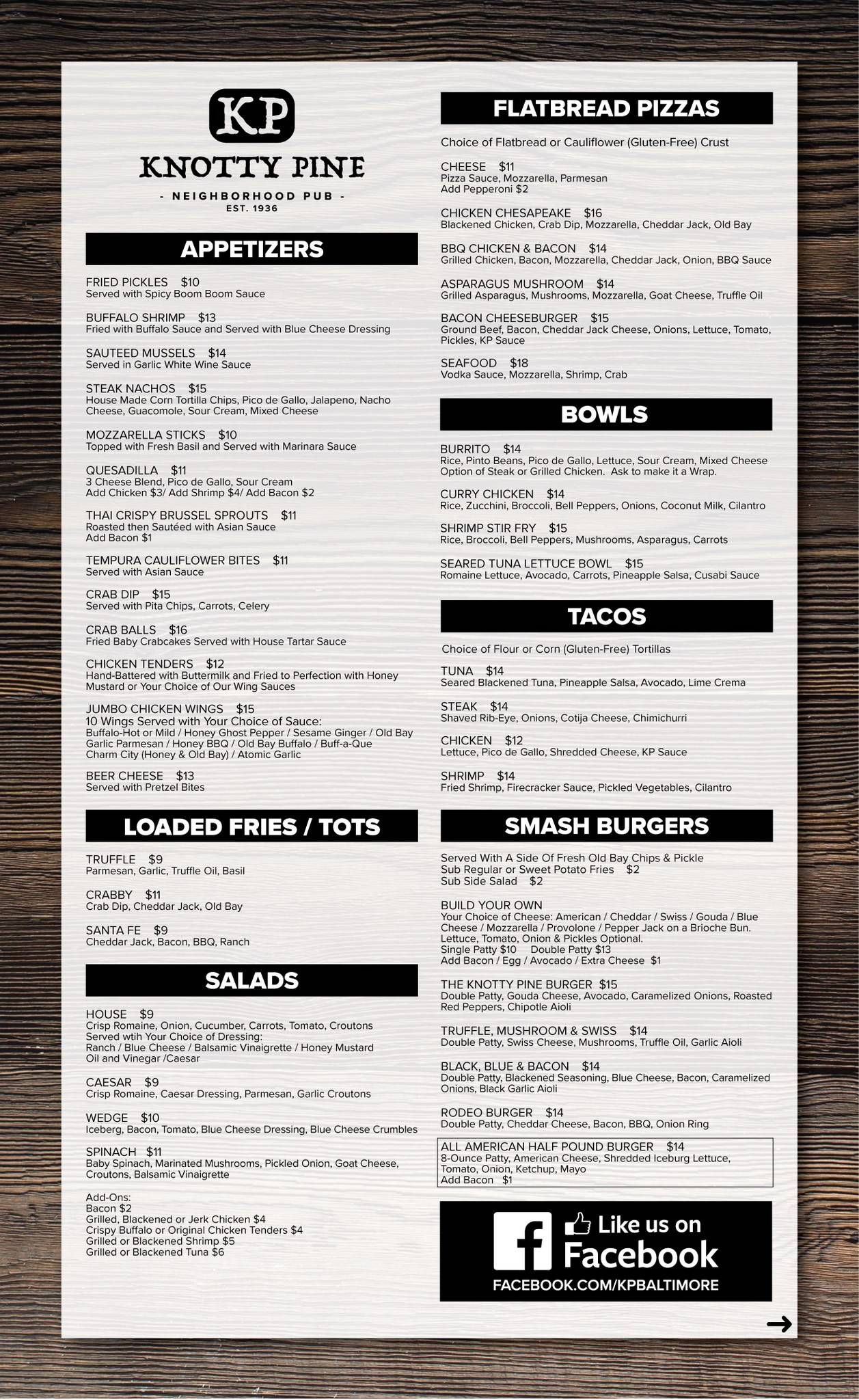Menu at Knotty Pine pub & bar, Baltimore