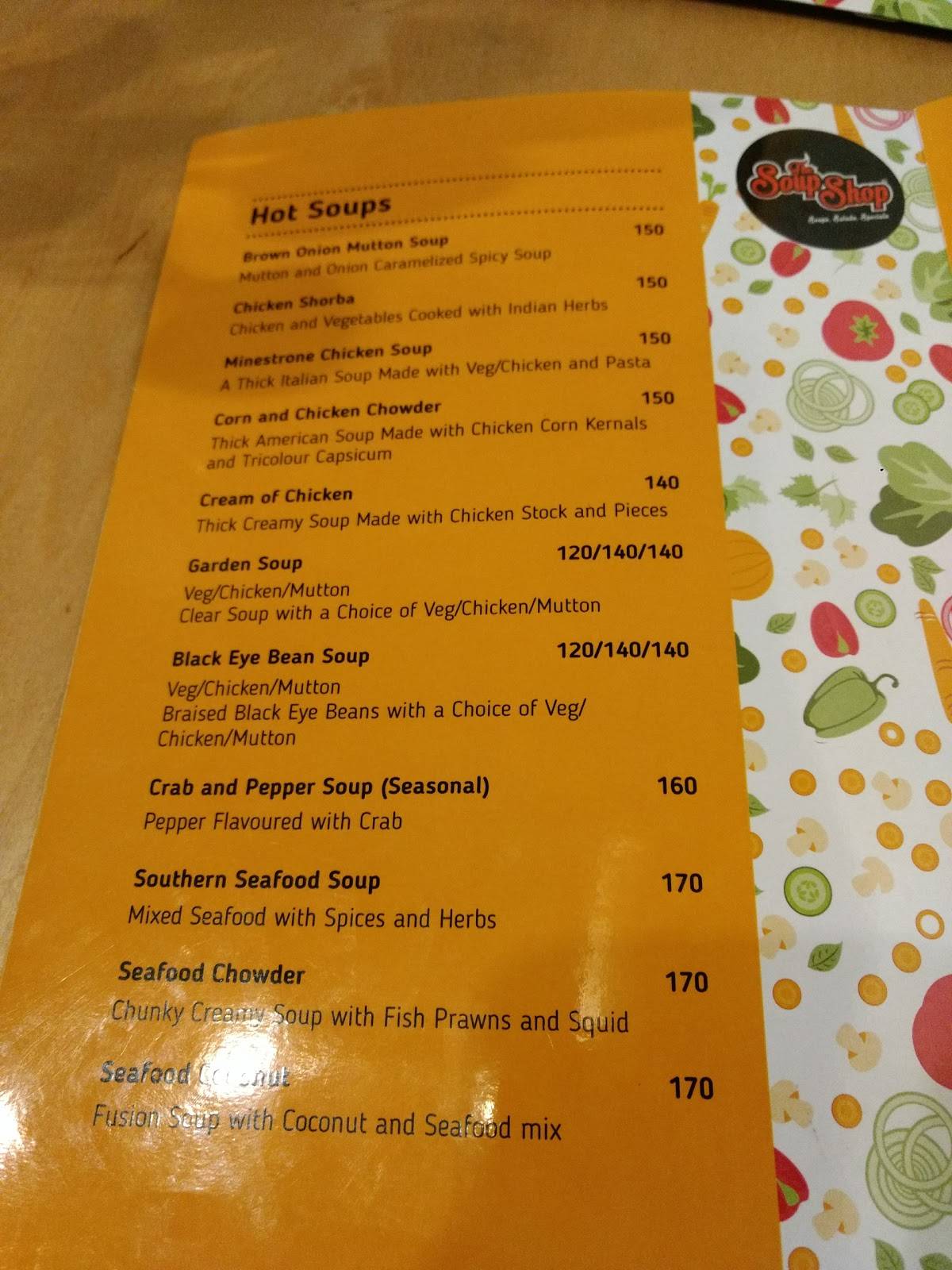 Menu at The Soup Shop, Kochi