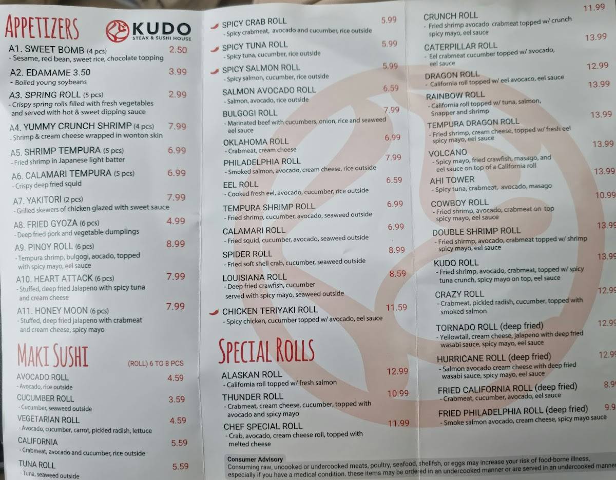 Menu at Kudo Steakhouse & Sushi, Lawton