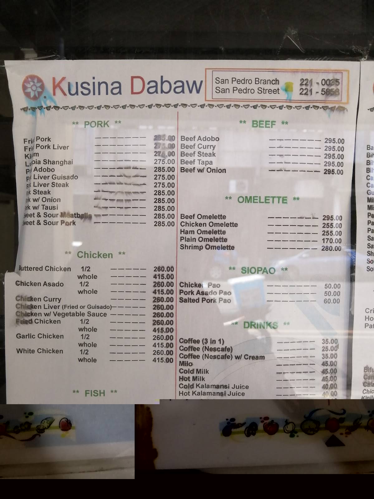 Menu at Kusina Dabaw restaurant, Davao City, San Pedro