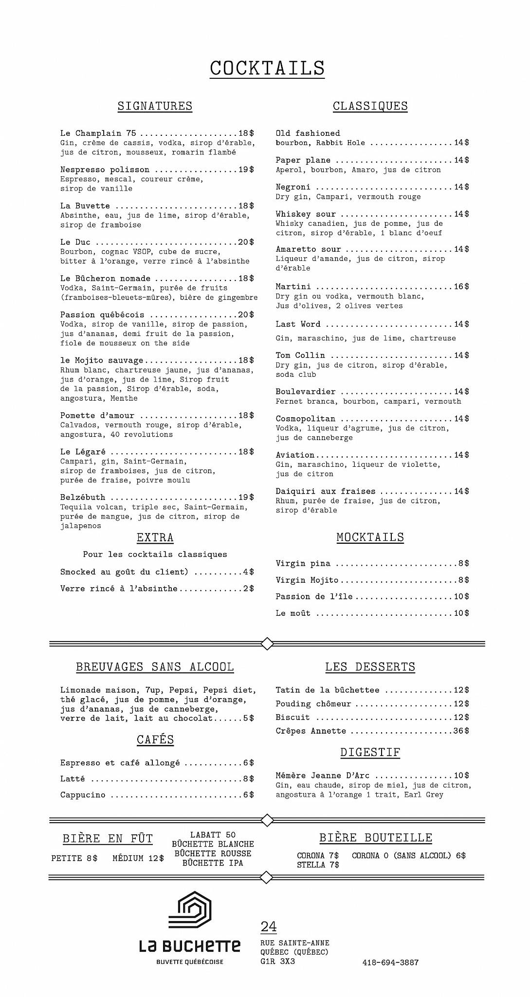 Menu at La Buchette restaurant, Canada