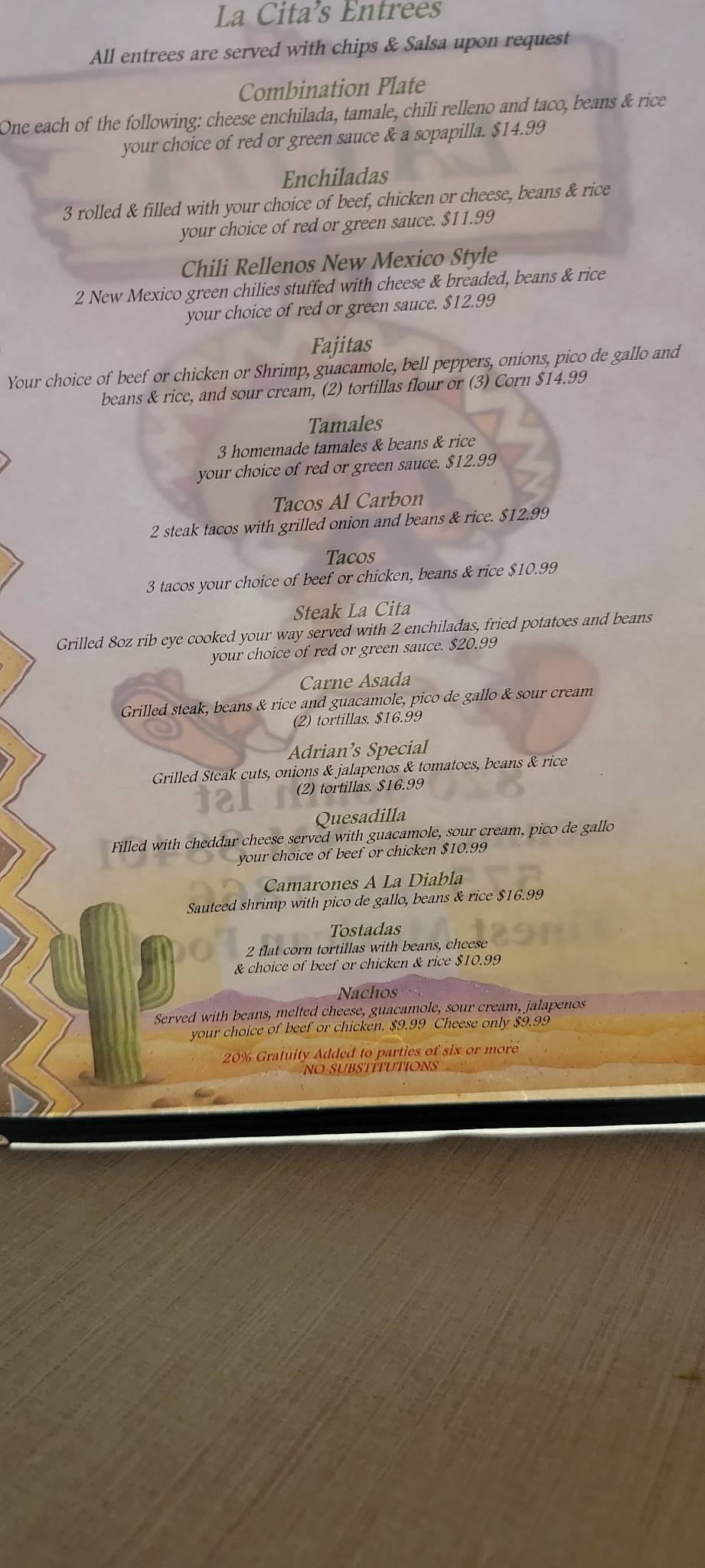 Menu at La Cita restaurant, Tucumcari