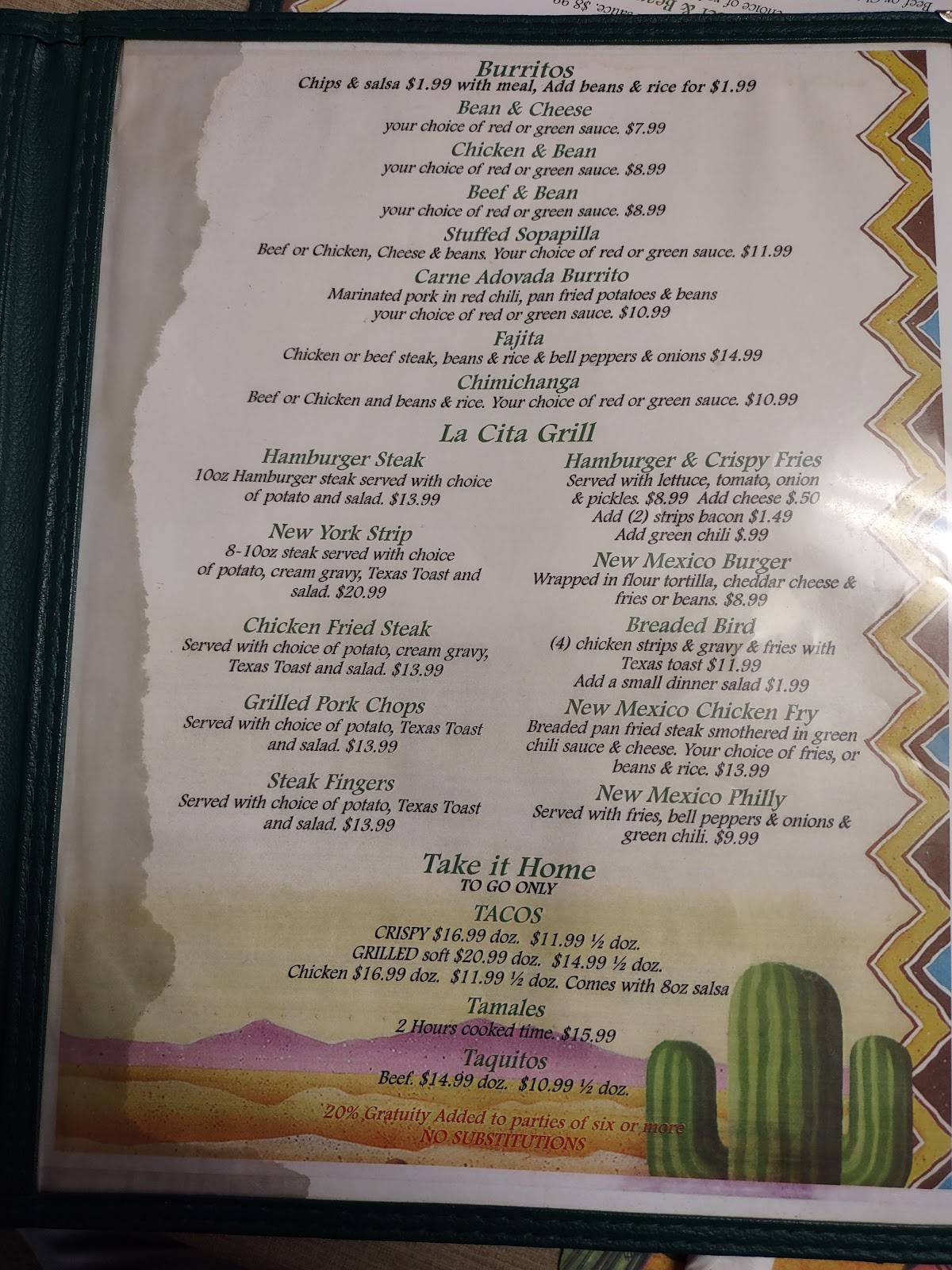 Menu at La Cita restaurant, Tucumcari