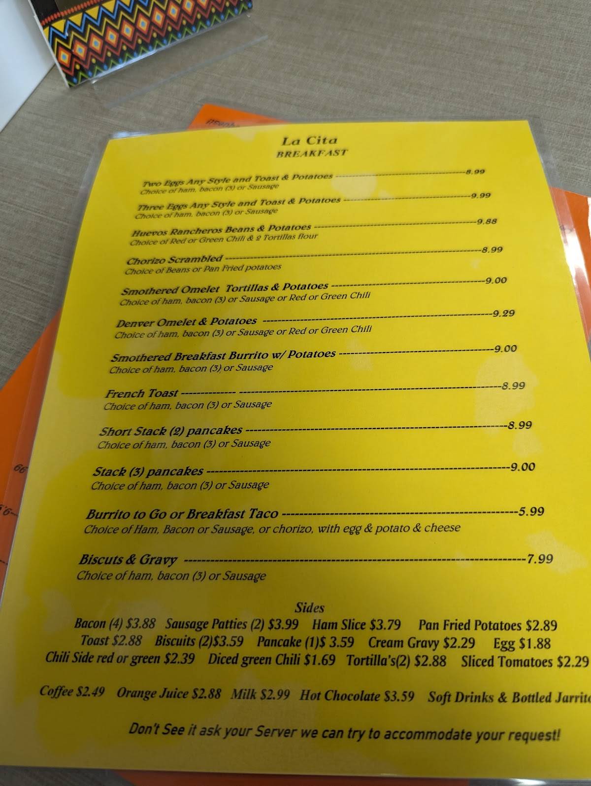 Menu at La Cita restaurant, Tucumcari