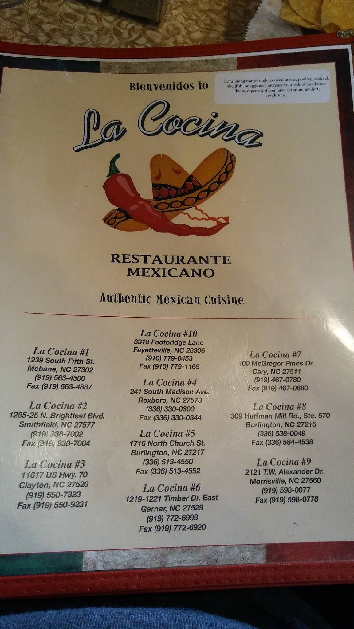 Menu at La Cocina Mexican Restaurant, Hope Mills, Footbridge Ln