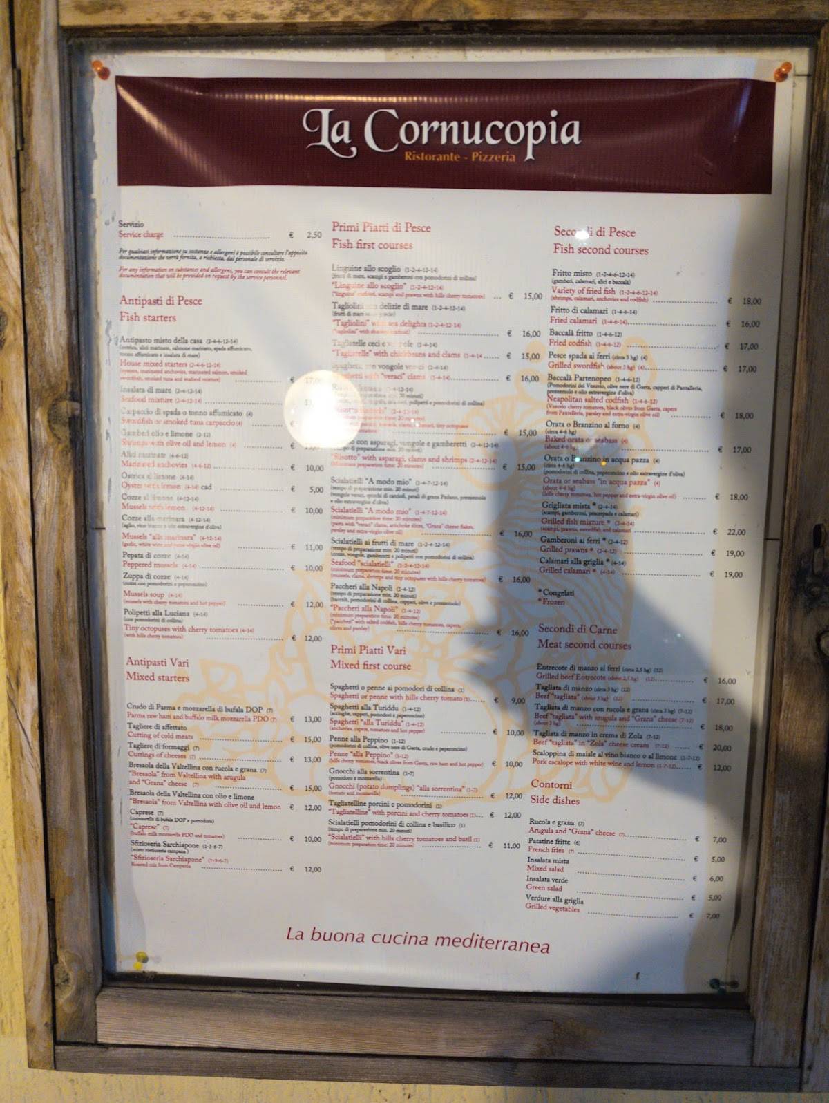 Menu at La Cornucopia restaurant, Como, Via Corrado e Giulio Venini