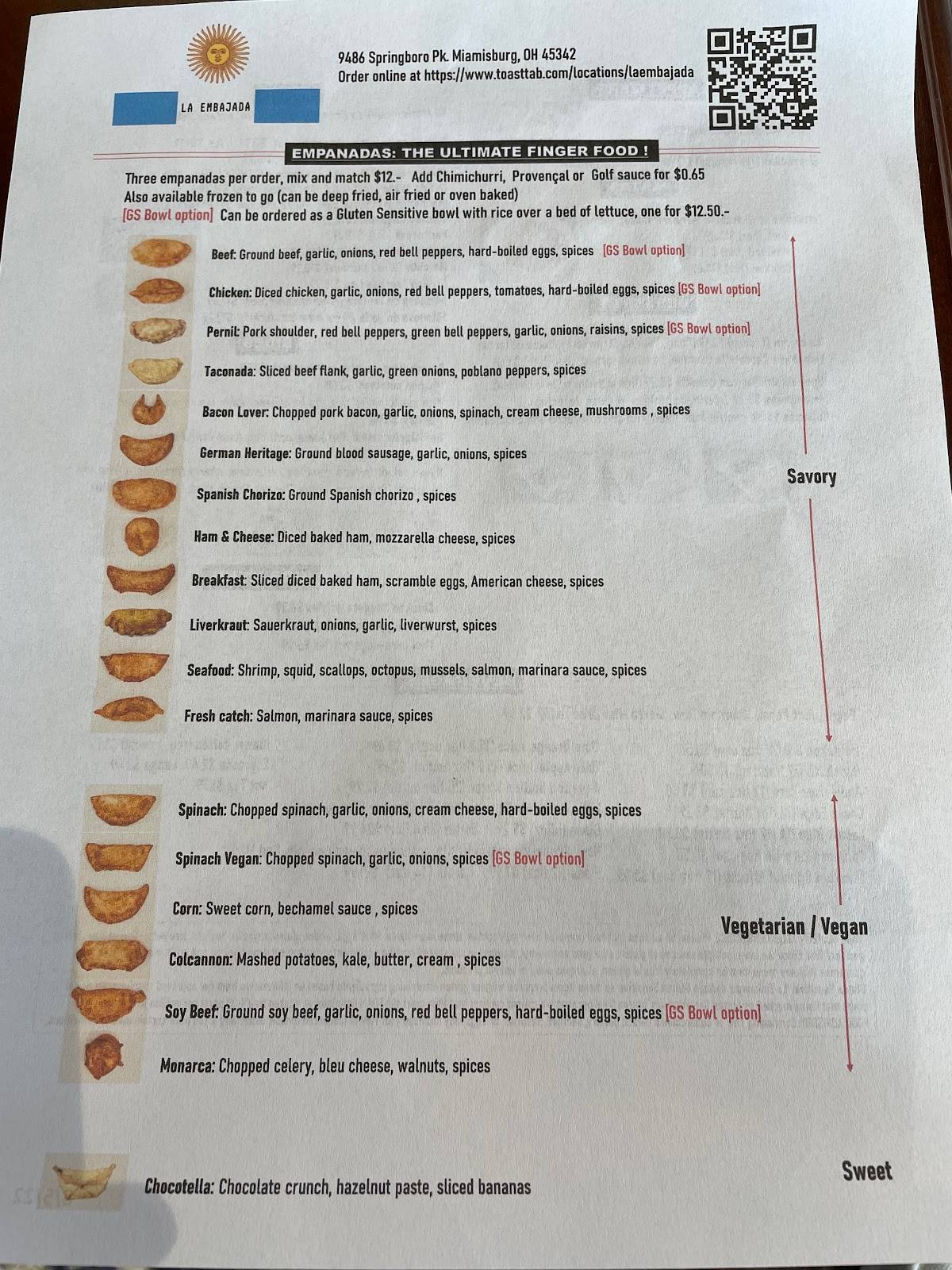 Menu at La Embajada - Artisan Argentinian Cuisine restaurant, Miamisburg