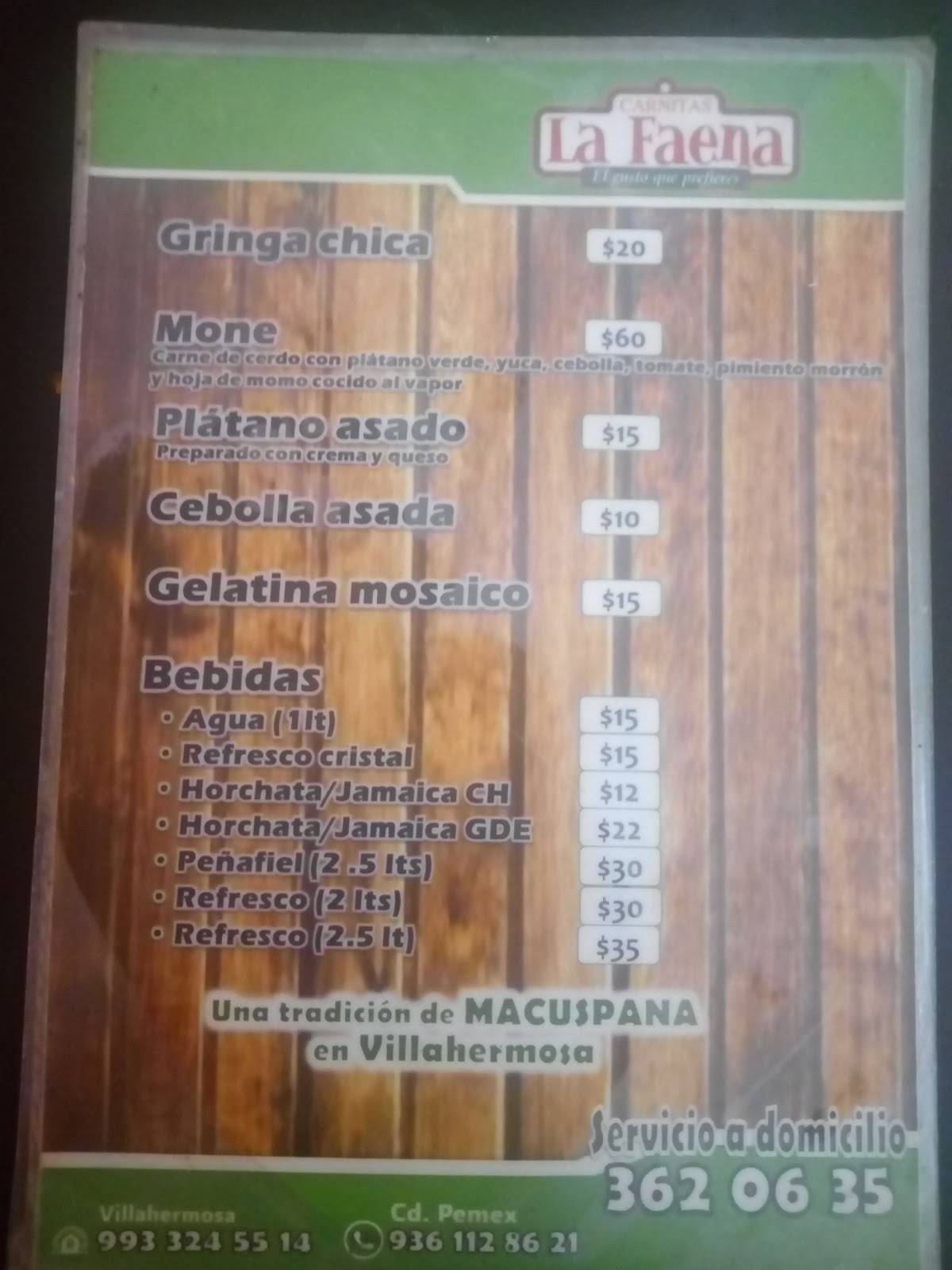 Carta del restaurante La Faena, Macuspana