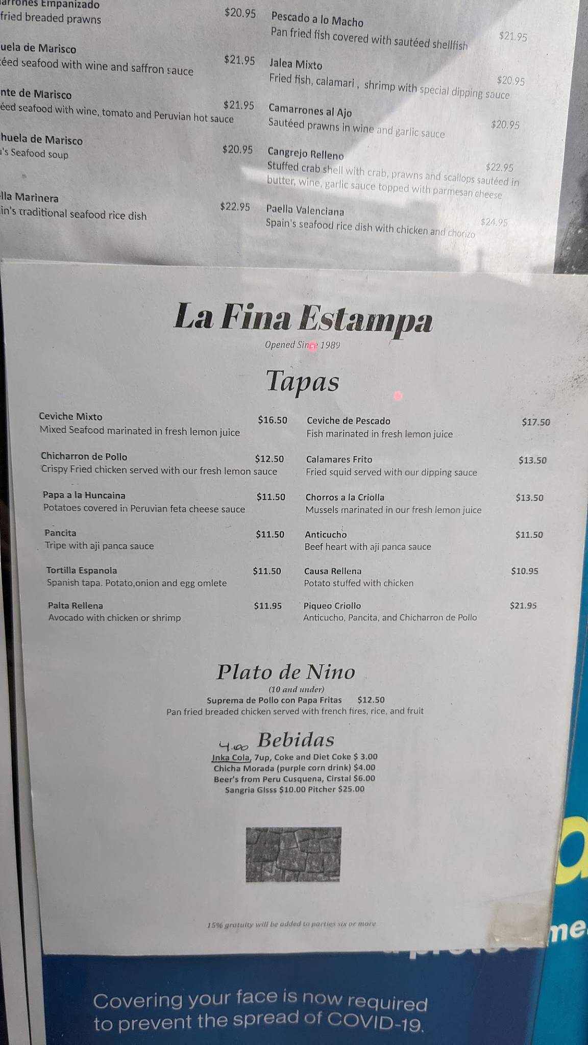 Menu at La Fina Estampa restaurant, San Francisco, Bush St