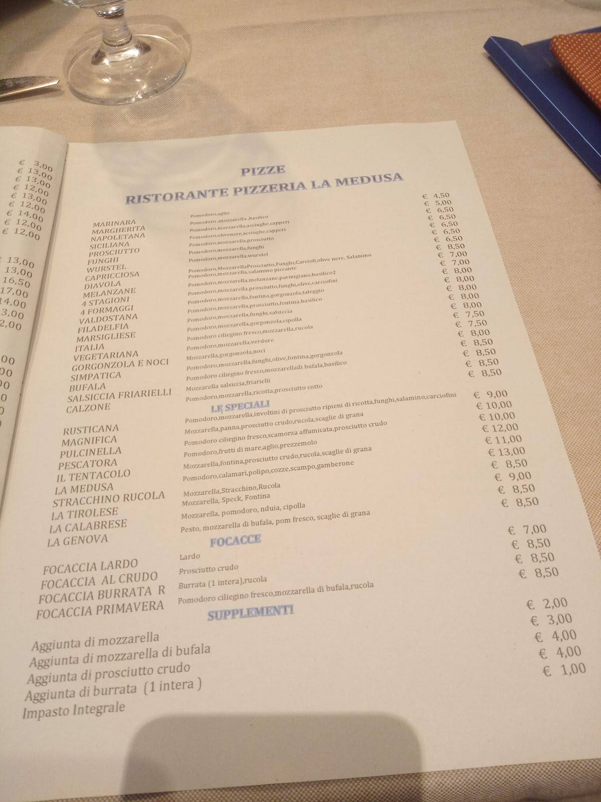 Speisekarte von La Medusa restaurant, Turin