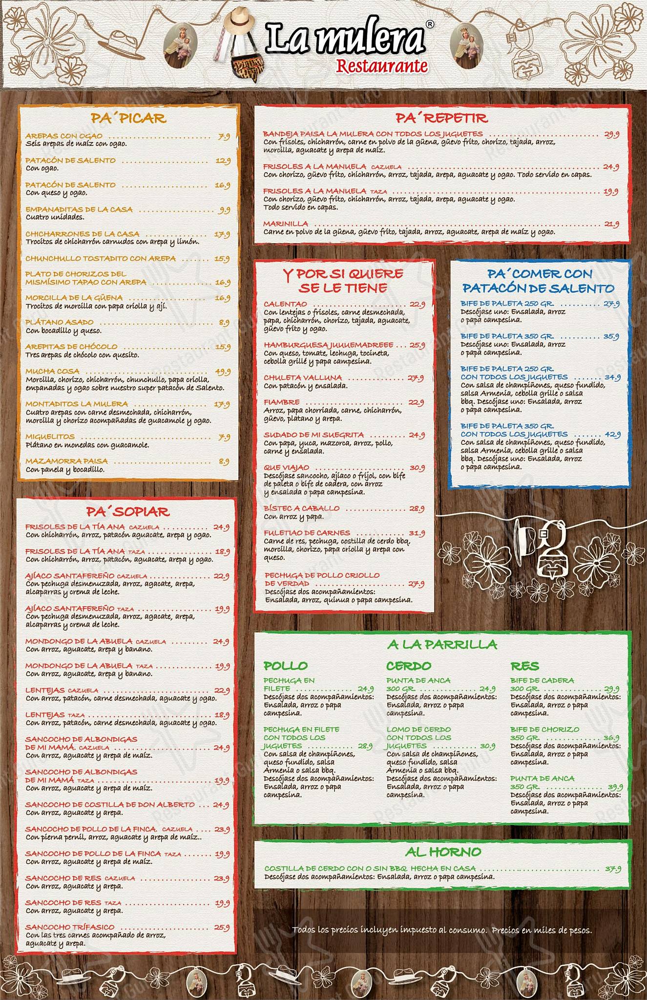 Carta del restaurante La Mulera San Victorino, Bogotá, Cra. 12 #11- 50