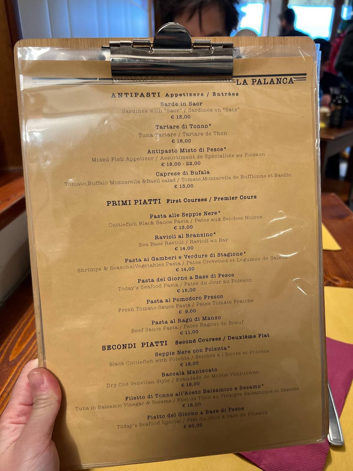 Menu at La Palanca cafe, Venice