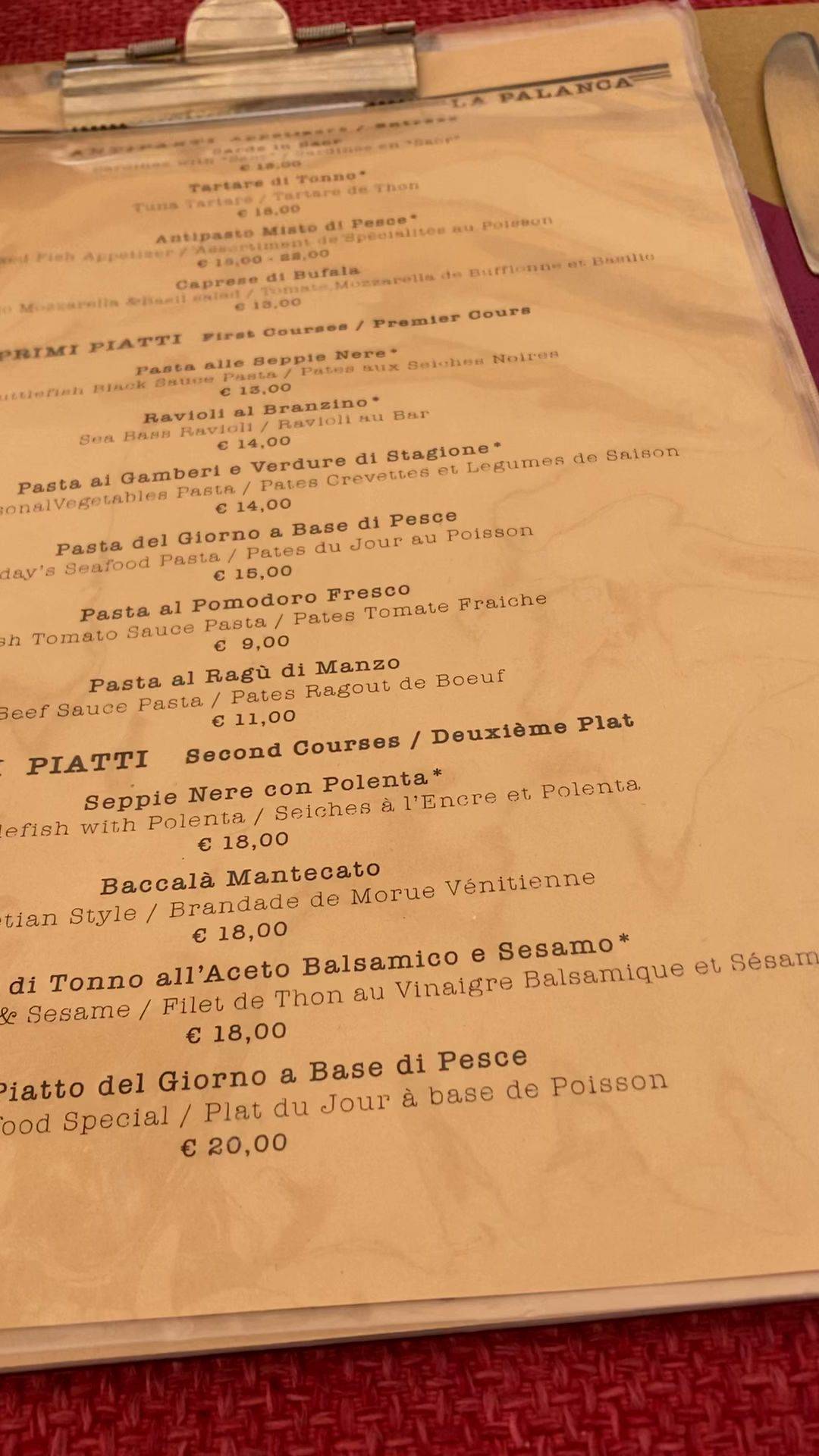 Menu at La Palanca cafe, Venice