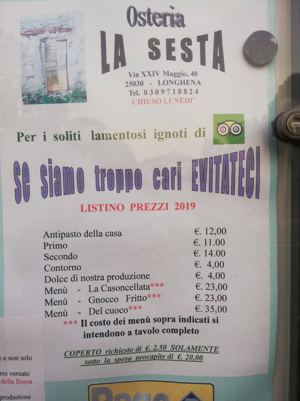Menu da La Sesta di Orizio Graziella ristorante, Longhena, Via 24 Maggio