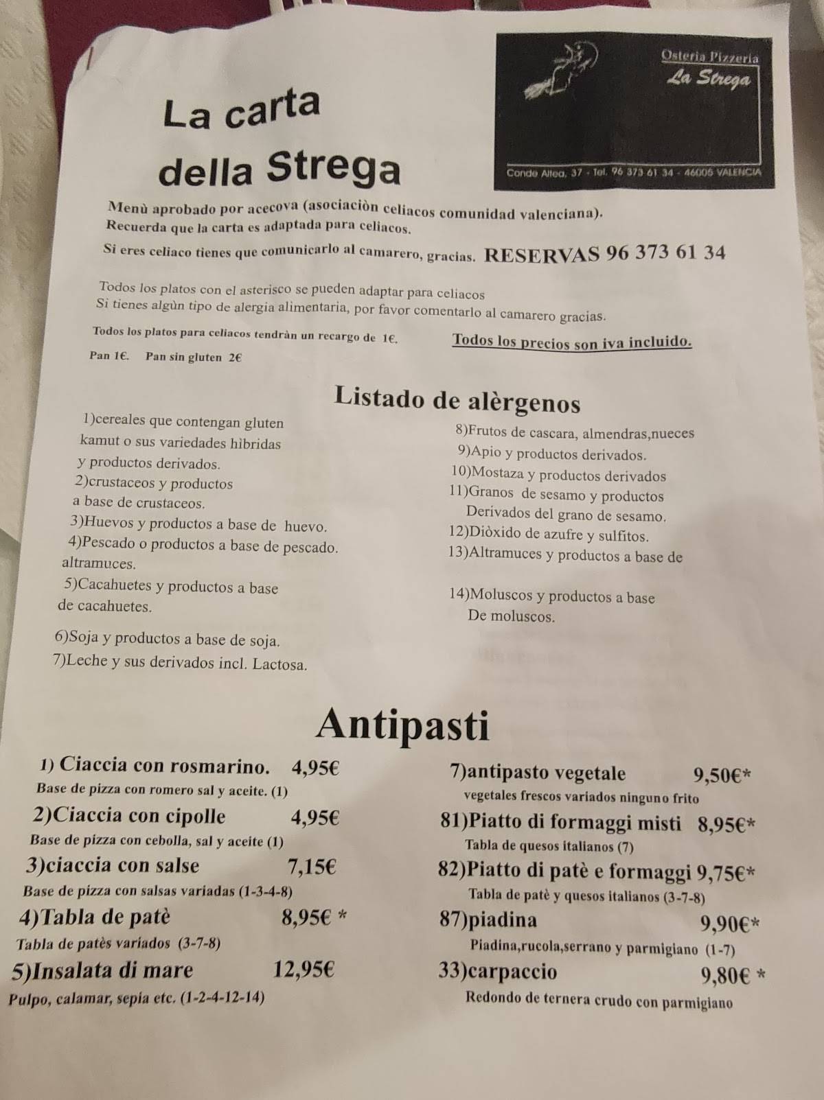 Menu at La Strega restaurant, Valencia