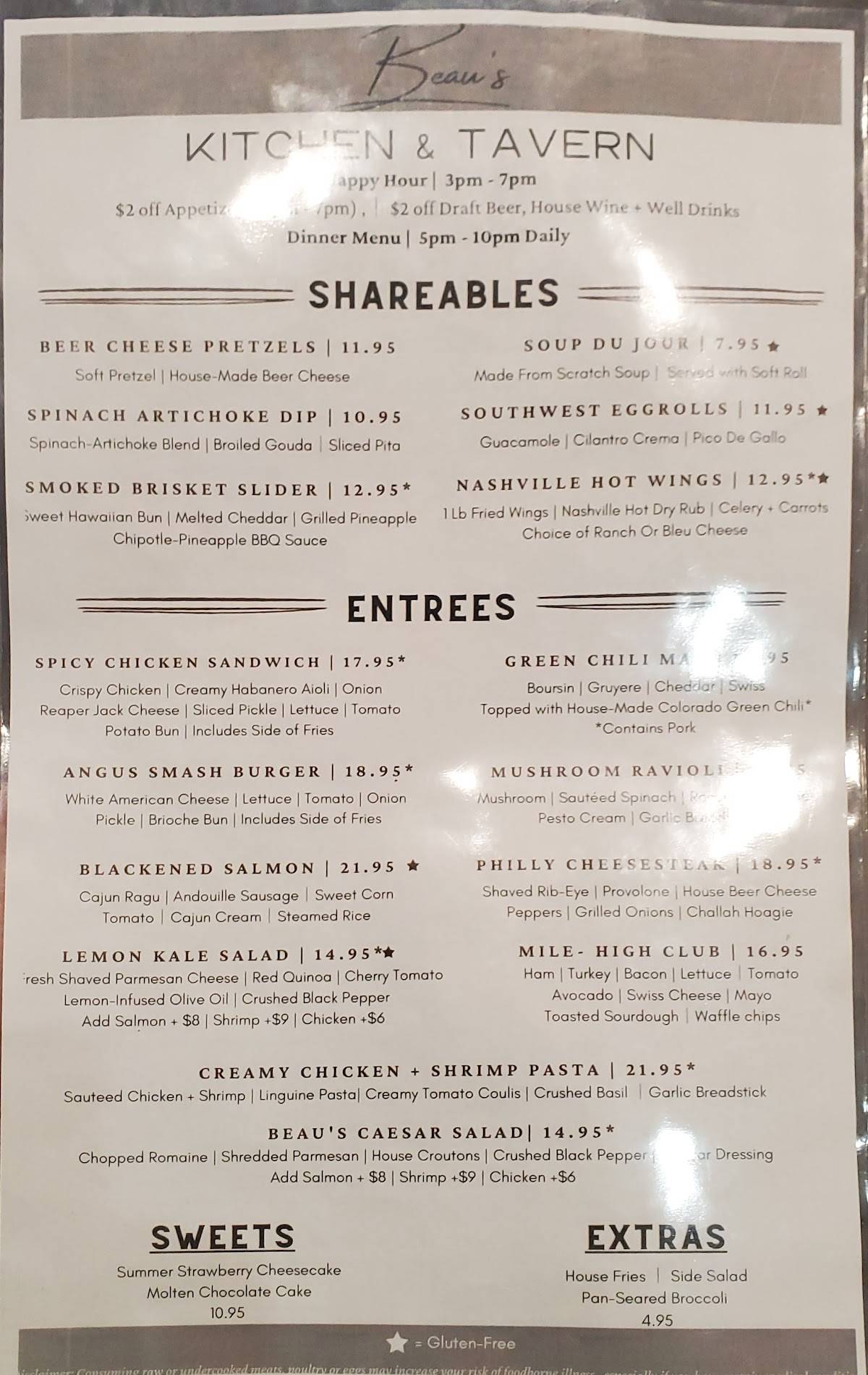 Menu at Beau's Kitchen & Tavern pub & bar, Lakewood