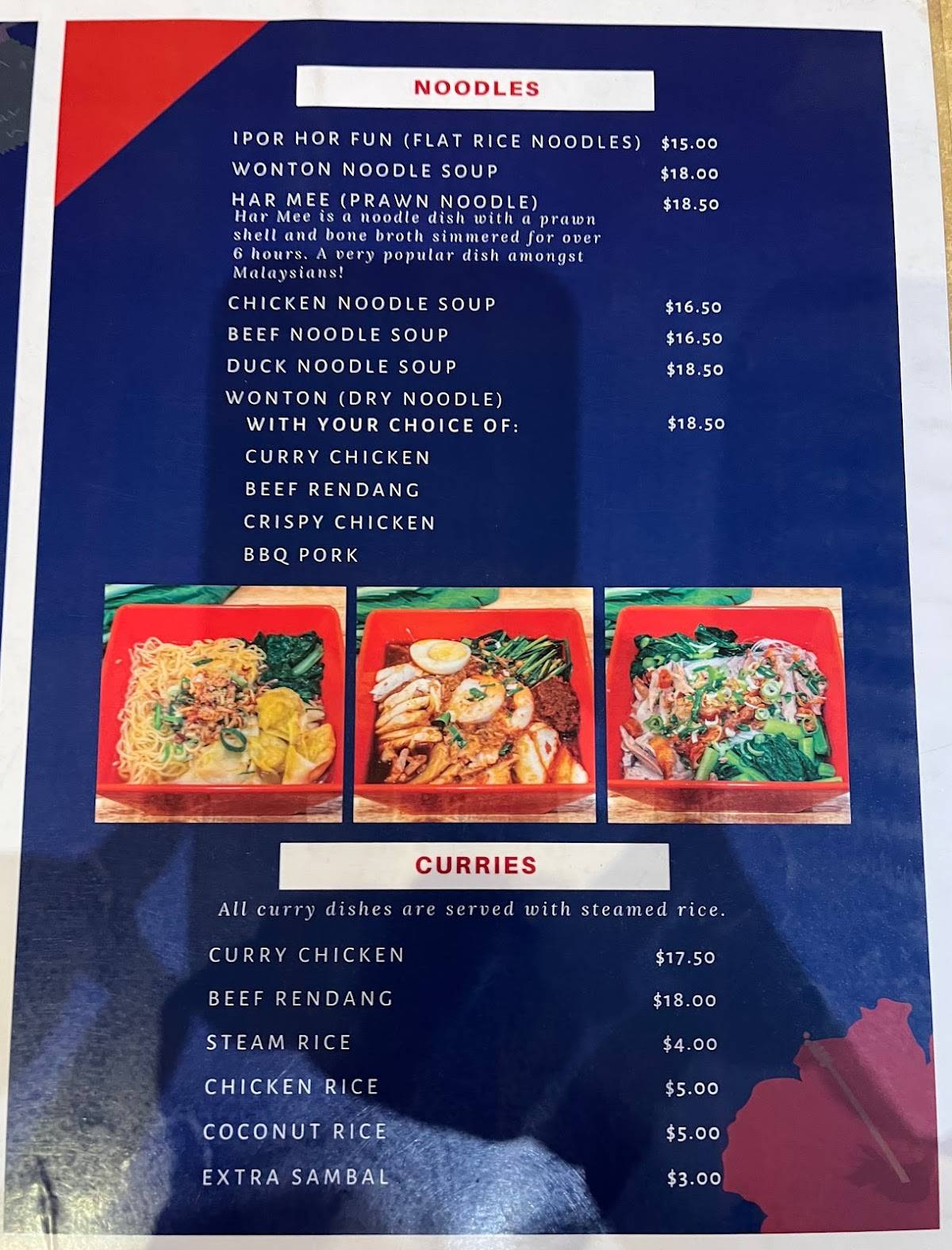 Menu at Laksa King restaurant, Sydney, 37-39 Erskine St