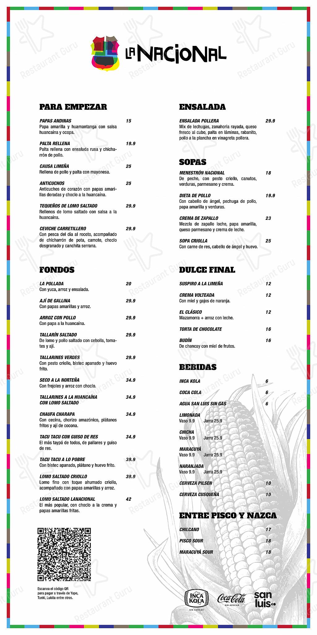Carta del restaurante La Nacional, Callao, Aeropuerto Jorge Chavez