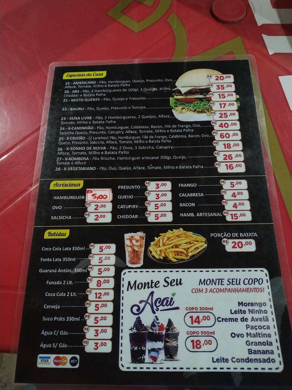Menu em Lanche na Kombi cafeteria, Presidente Prudente