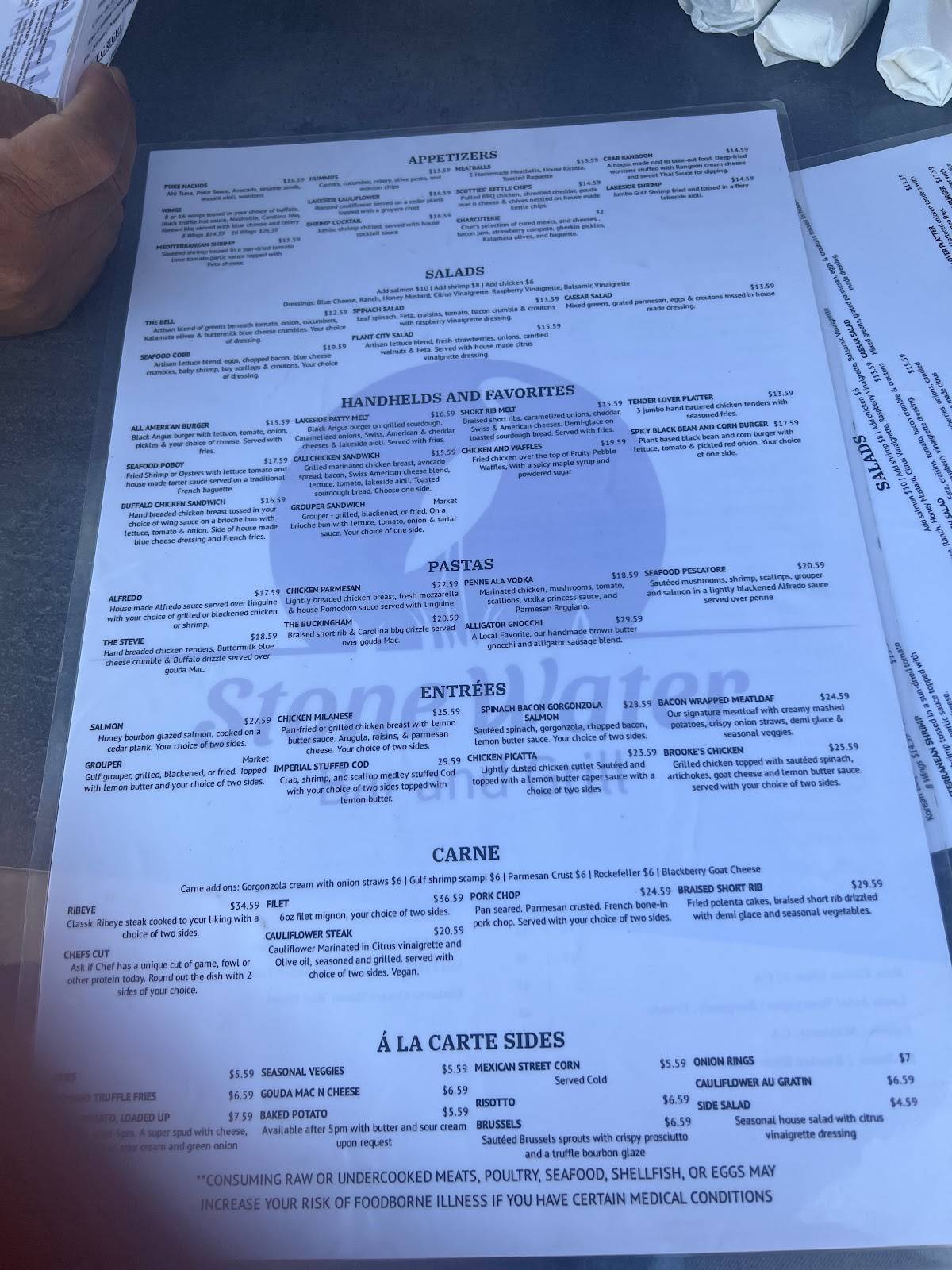 Menu at Stonewater Grill pub & bar, Land O' Lakes