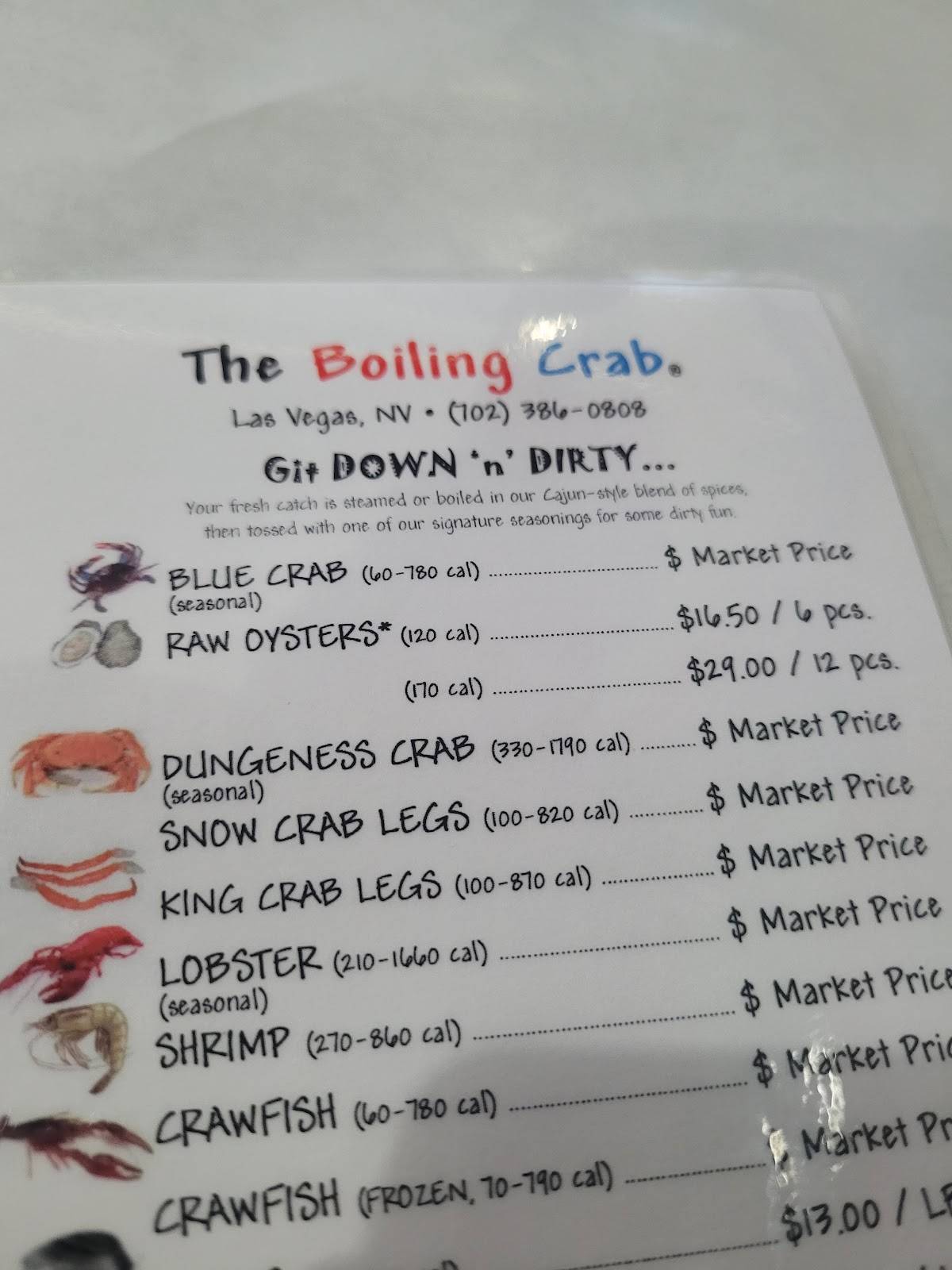Menu at The Boiling Crab restaurant, Las Vegas, S Decatur Blvd