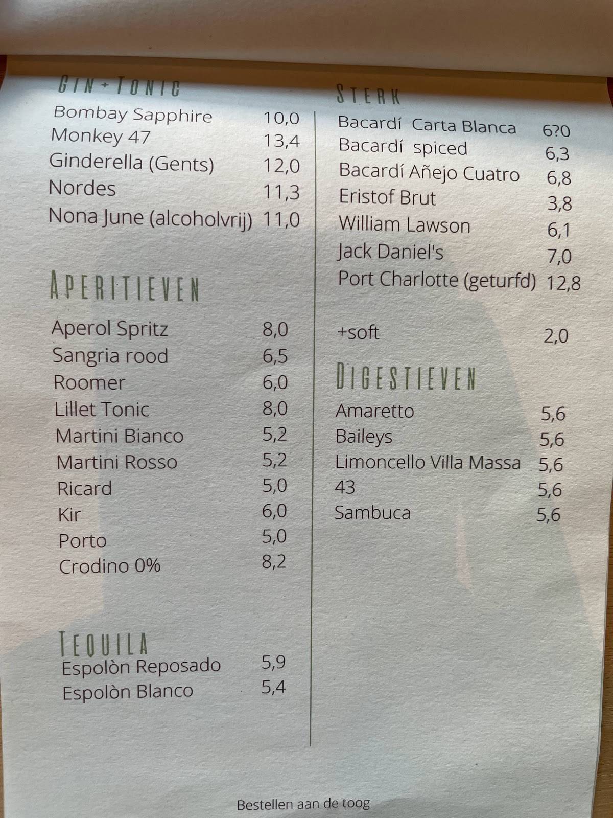 Menu at Le Bal Infernal - used book café, Ghent