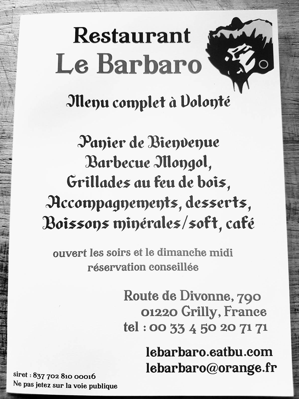 Menu at Le Barbaro, Grilly, 790 Rte de Divonne les Bains