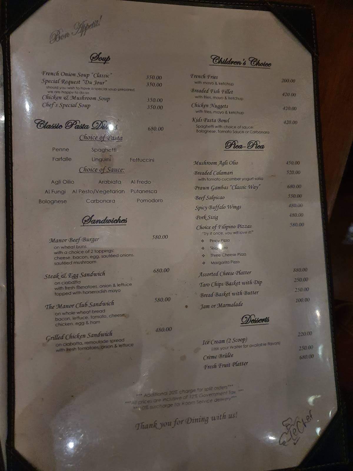Menu at Le Chef restaurant, Baguio