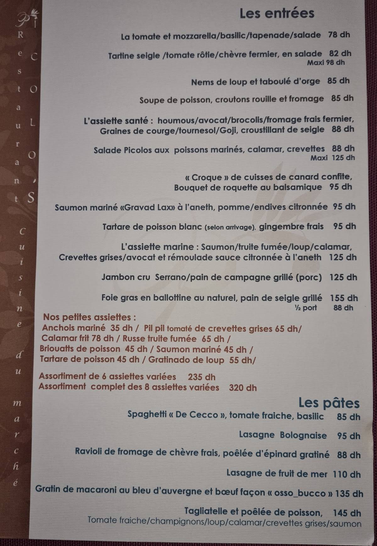 Menu at Le Picolo's restaurant, Rabat