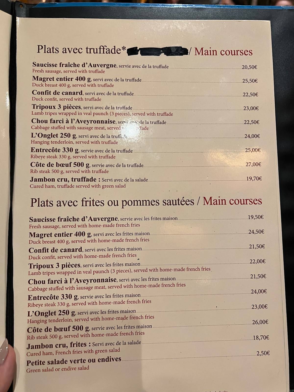 Menu au Restaurant Le Plomb du Cantal, Paris, 3 Rue de la Gaité