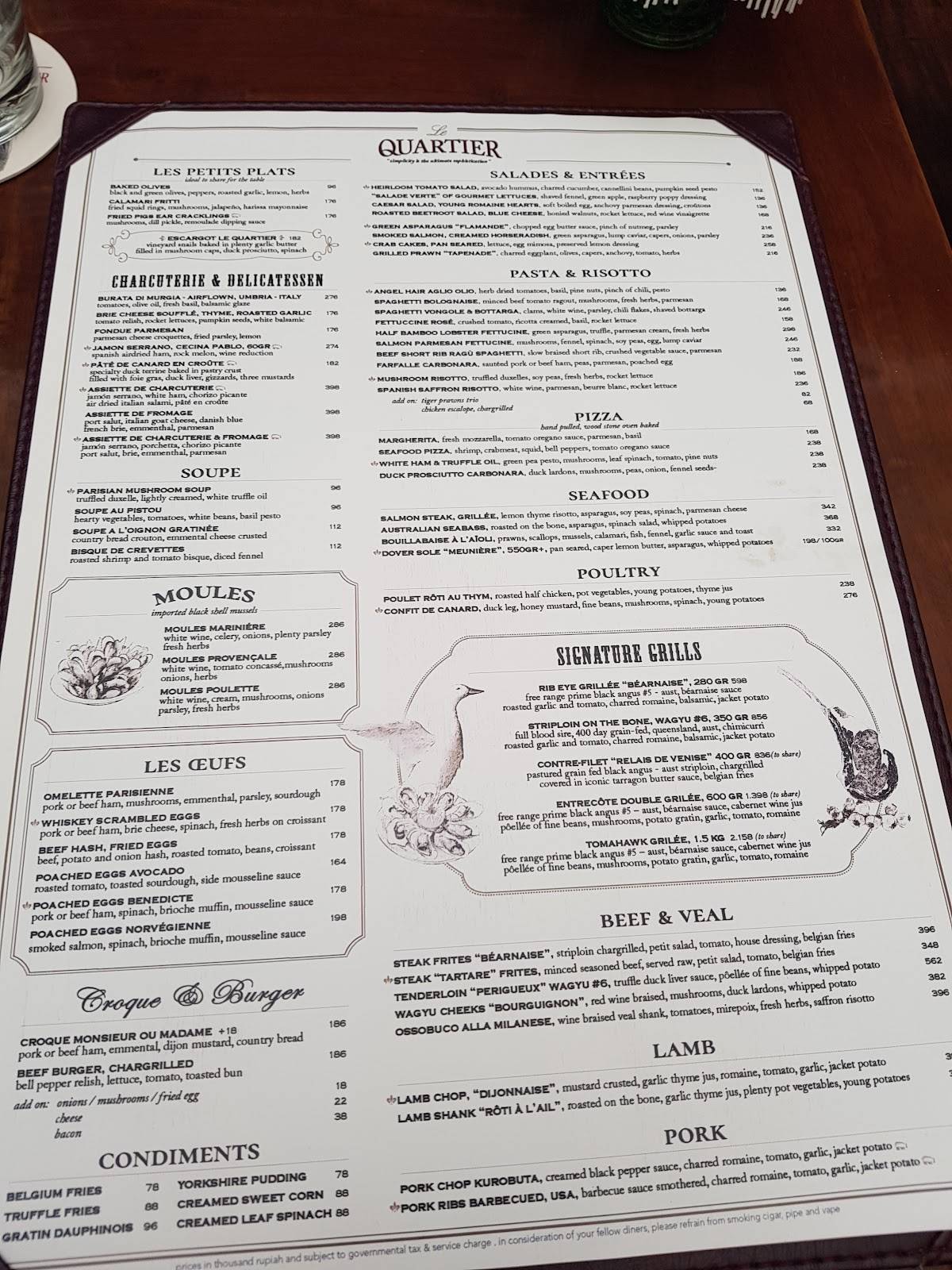 Menu at Le Quartier restaurant, Jakarta