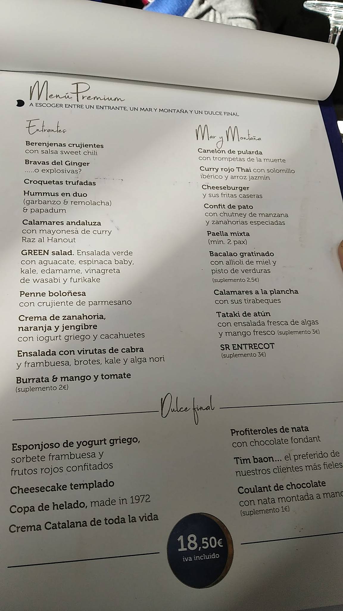 Menu at Les Quinze Nits restaurant, Barcelona