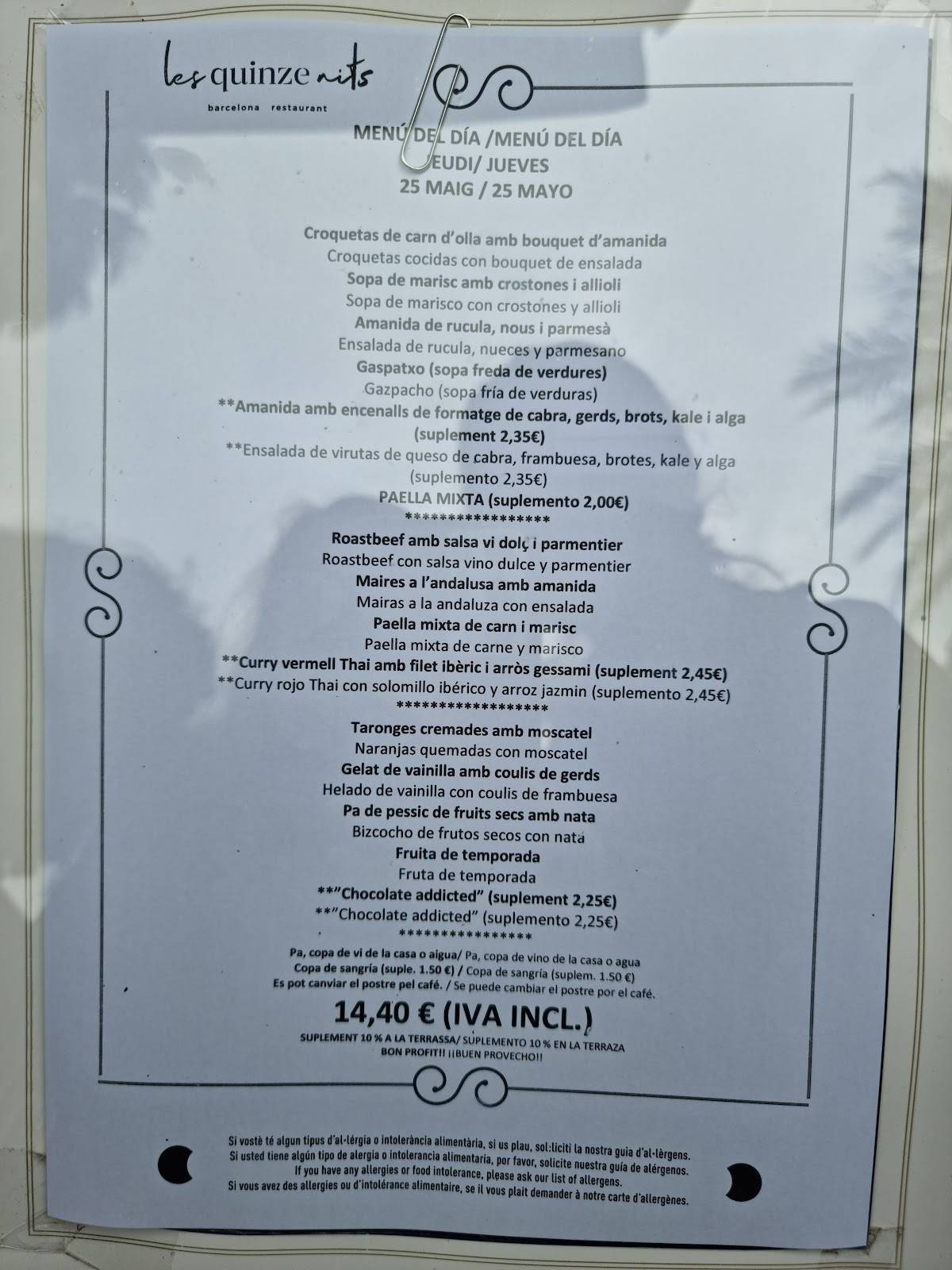 Menu at Les Quinze Nits restaurant, Barcelona
