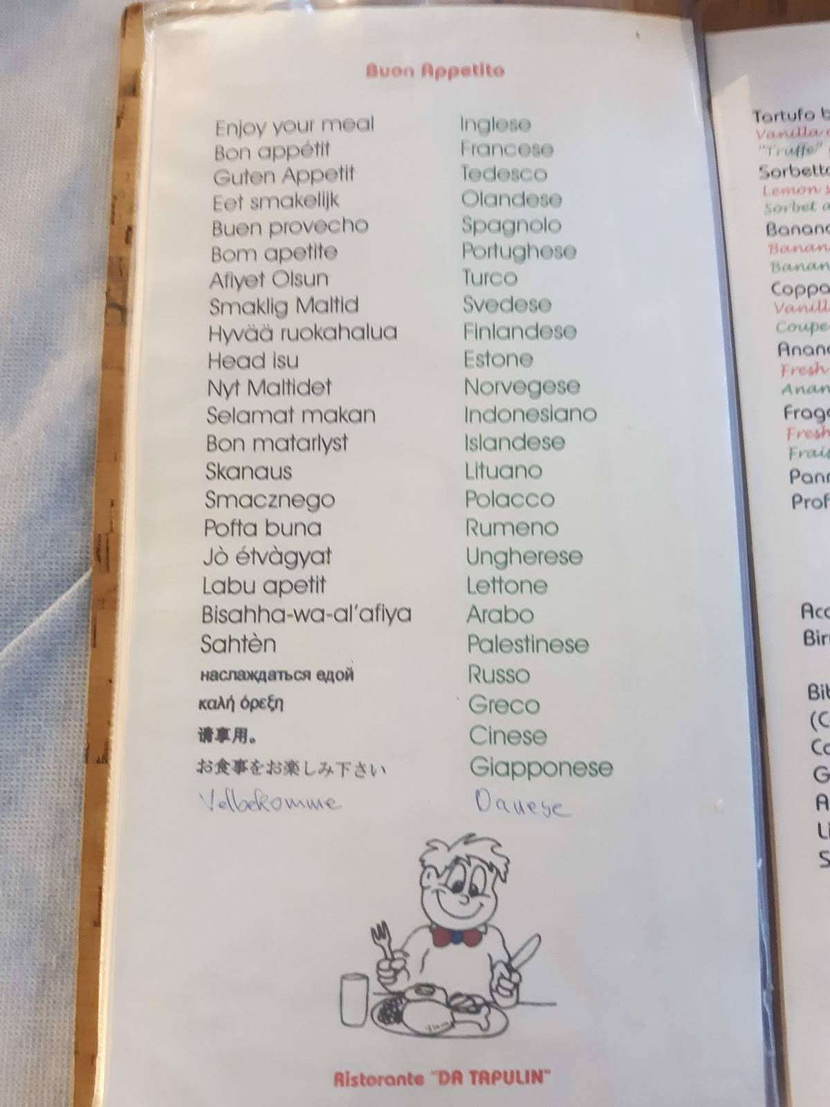 Menu at Da Tapulin restaurant, Levanto