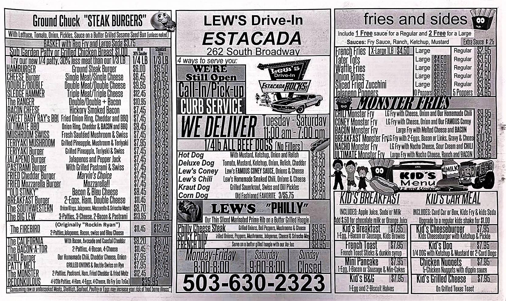 Menu at Lew's Drive-In restaurant, Estacada