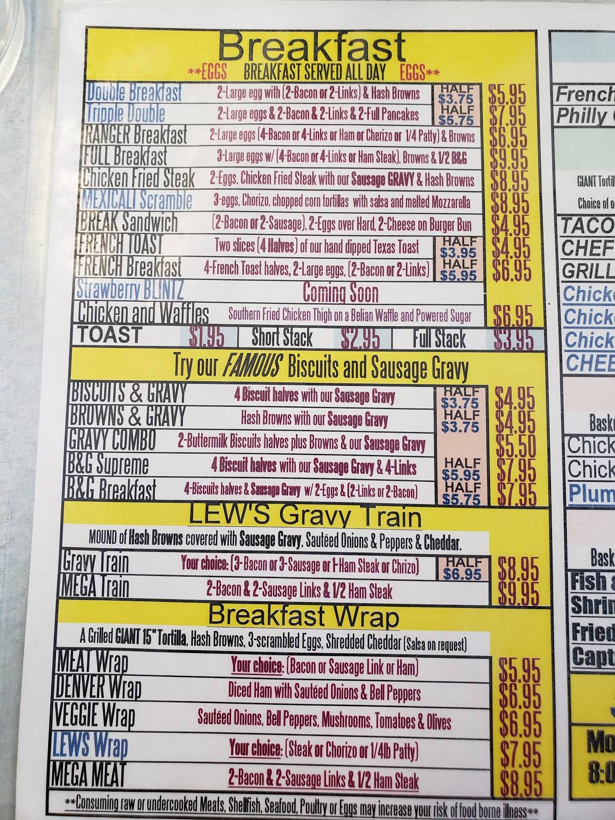 Menu at Lew's Drive-In restaurant, Estacada