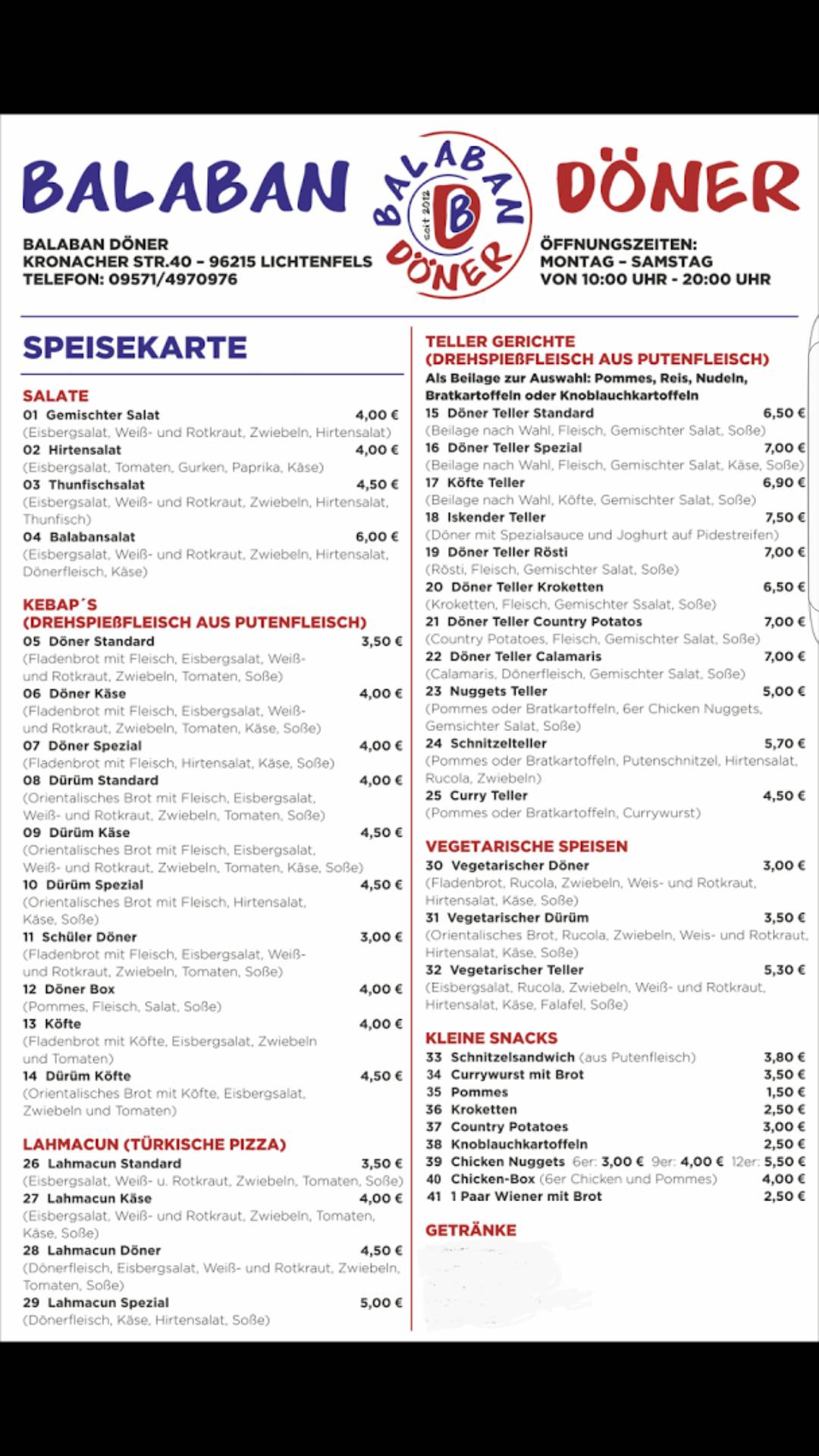 Speisekarte von BALABAN DÖNER pub & Bar, Lichtenfels