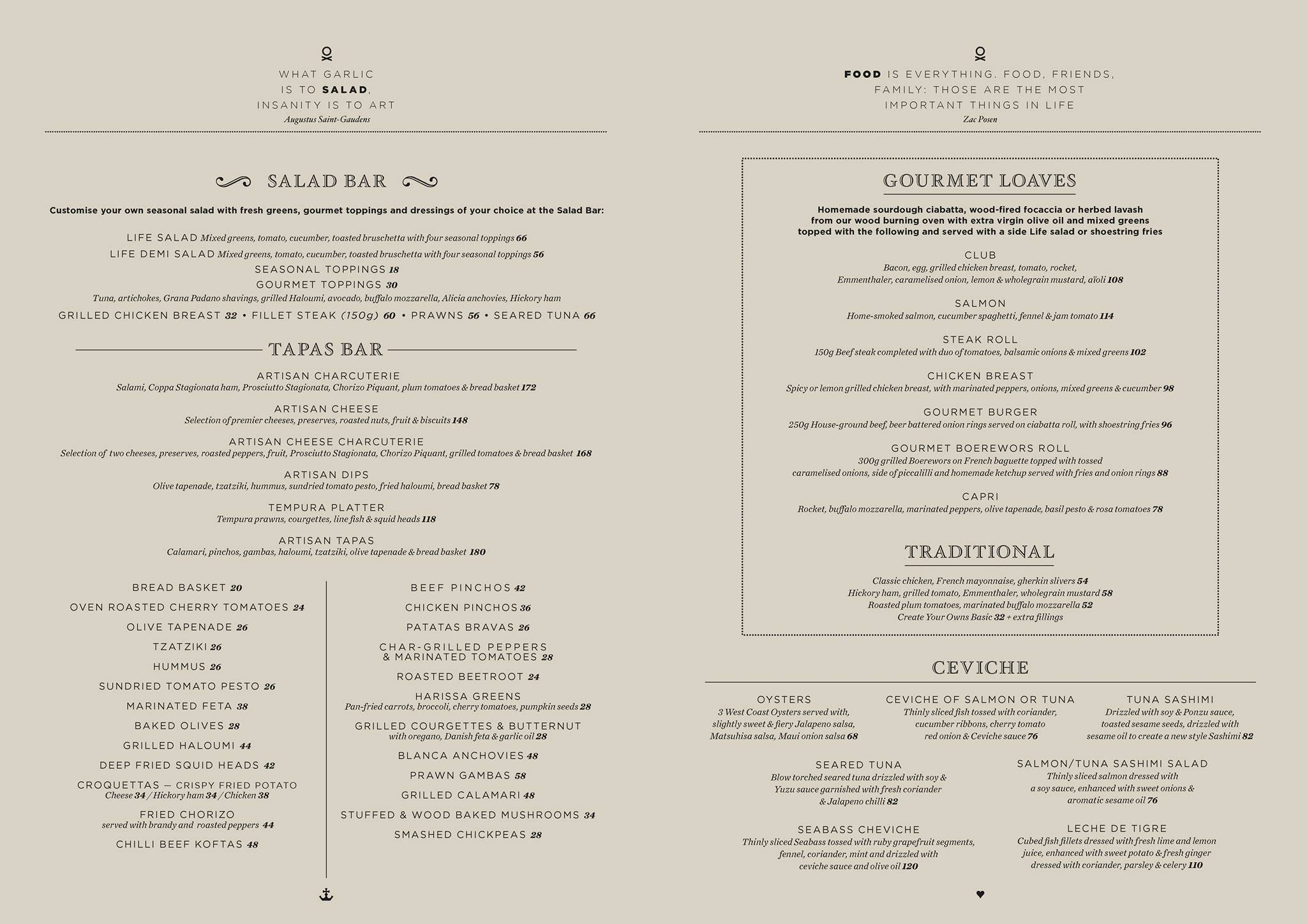 Menu at Life Grand Cafe Waterfront, Cape Town, 2 Pierhead Road