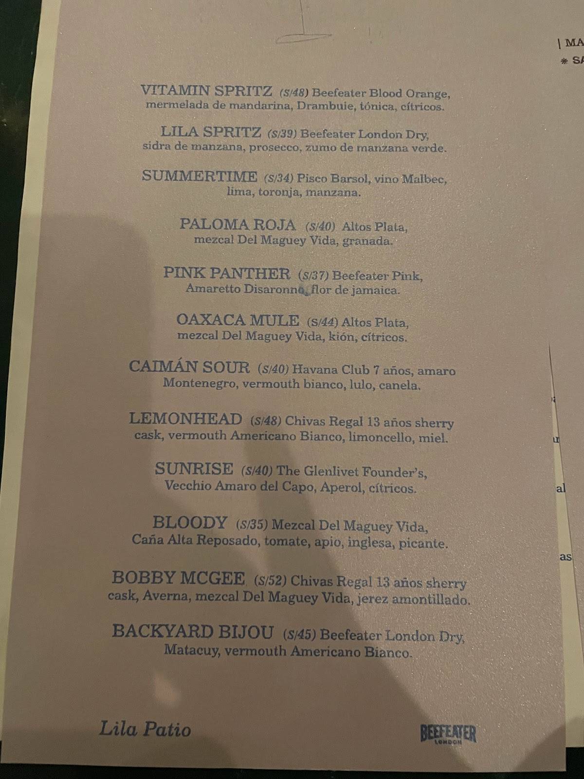 Carta del restaurante Lila Dasso, San Isidro