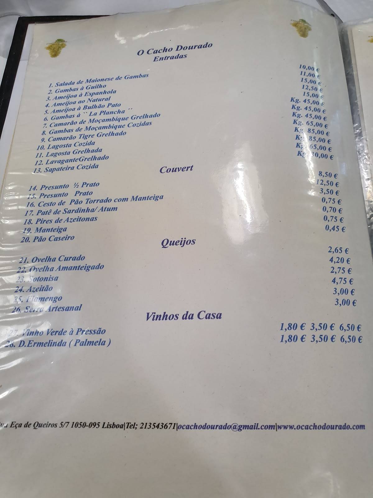 Menu em O Cacho Dourado restaurante, Lisboa
