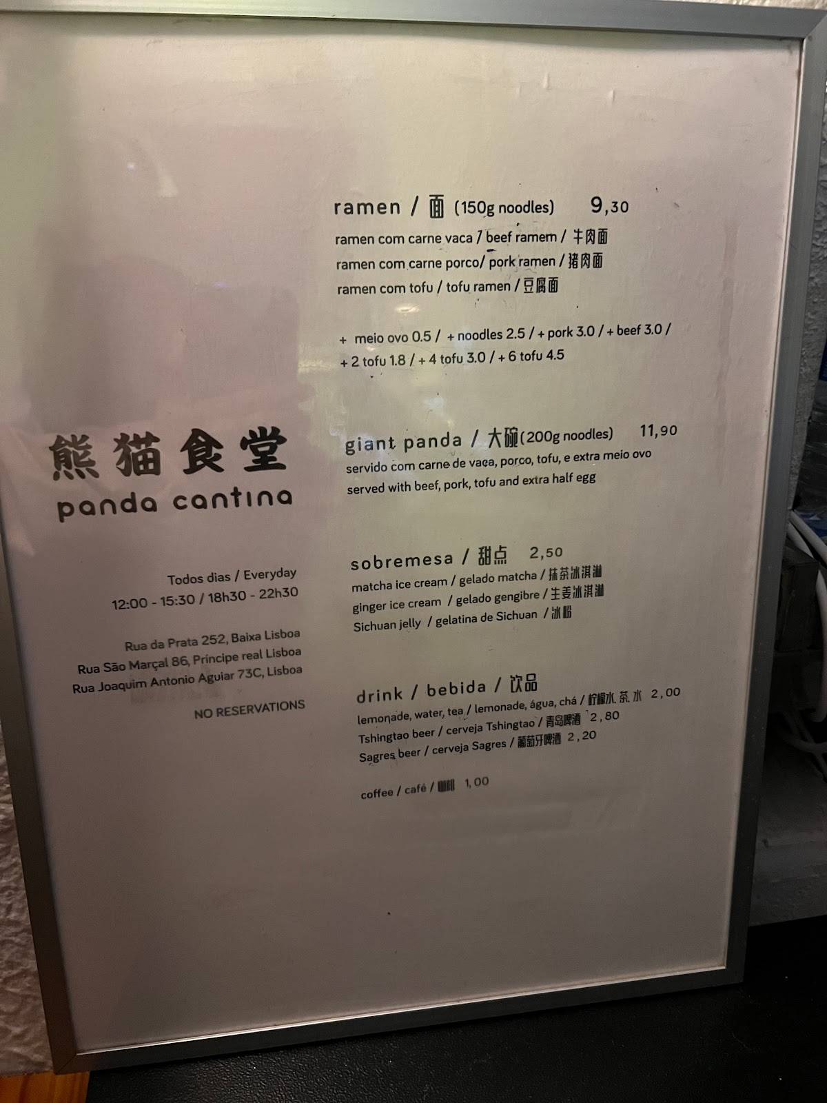 Menu em Panda Cantina restaurante, Lisboa, Rua da Prata 252