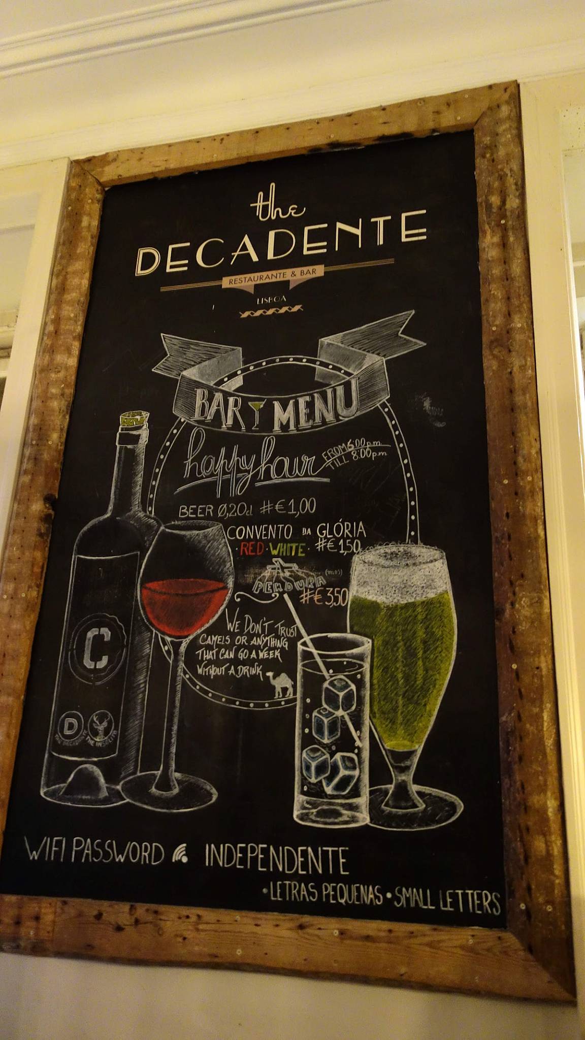 Menu at The Decadente restaurant, Lisbon