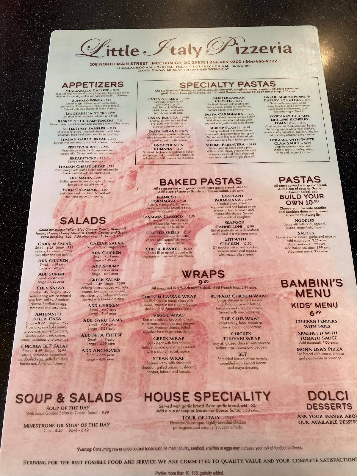 Menu at Little Italy Pizzeria, McCormick