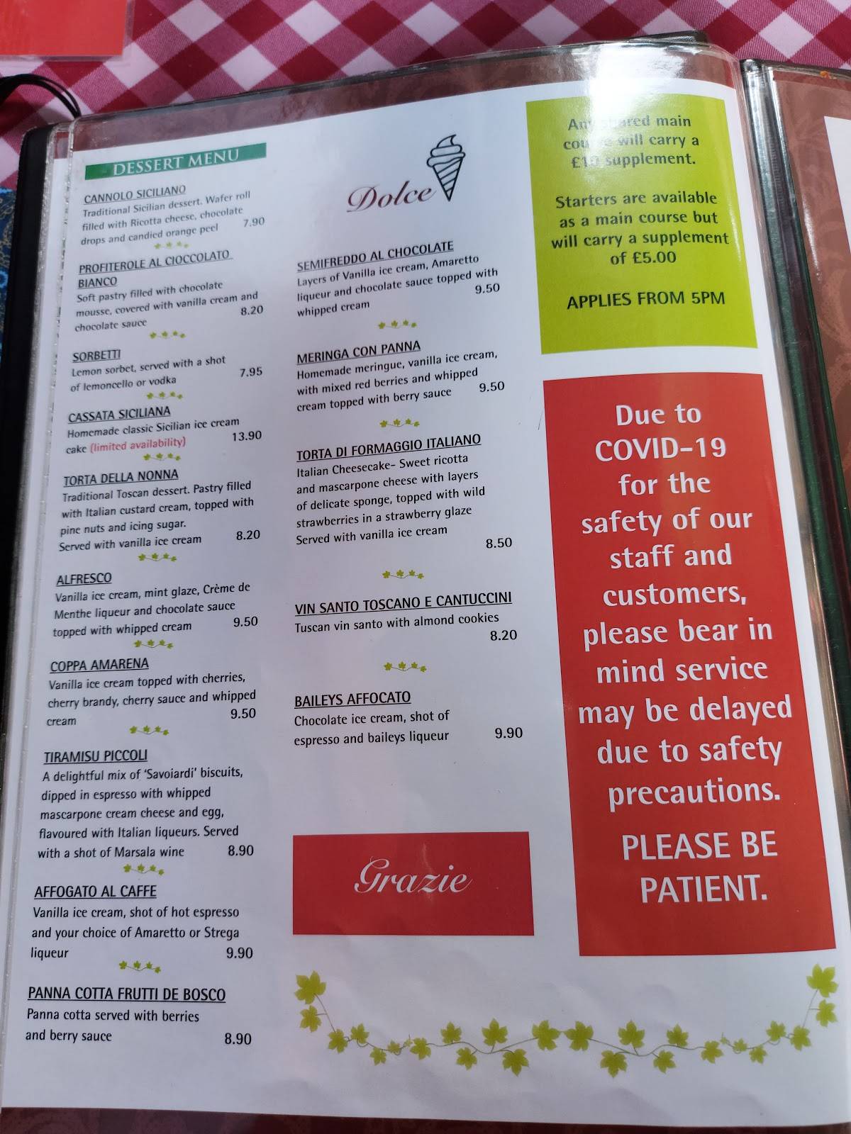 Menu at Little Italy restaurant, Saint Andrews