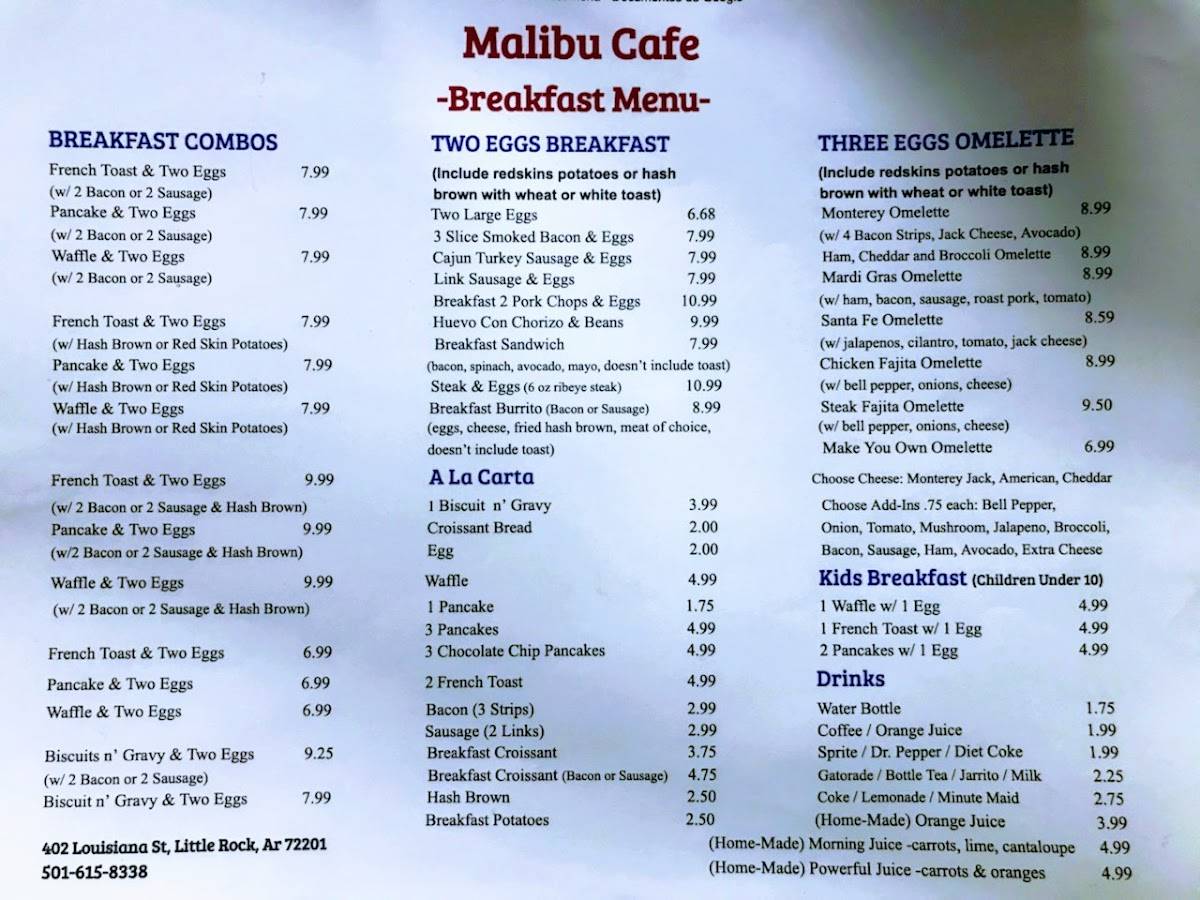 Menu at Malibu Cafe brunch all day, Little Rock