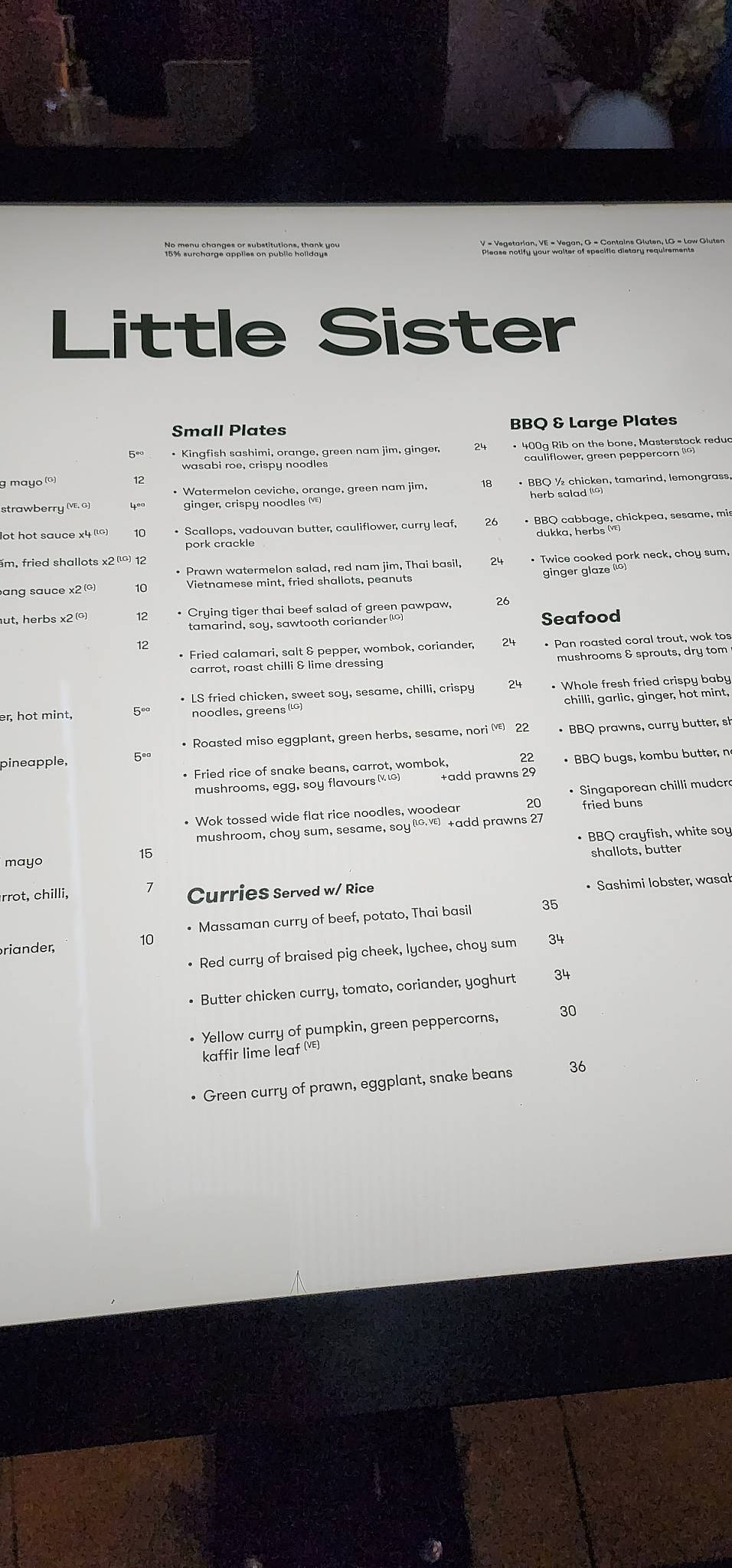 Menu at Little Sister Restaurant & Cocktail Bar, Cairns
