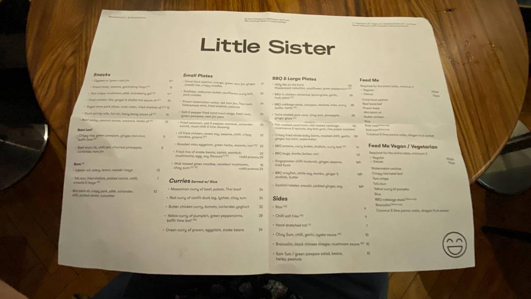 Menu at Little Sister Restaurant & Cocktail Bar, Cairns