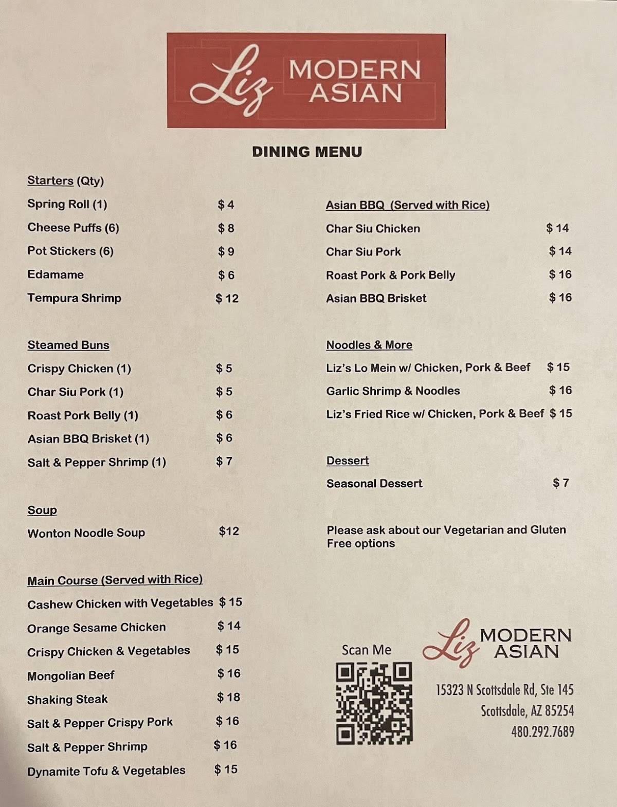 Menu at Liz Modern Asian BBQ, Scottsdale