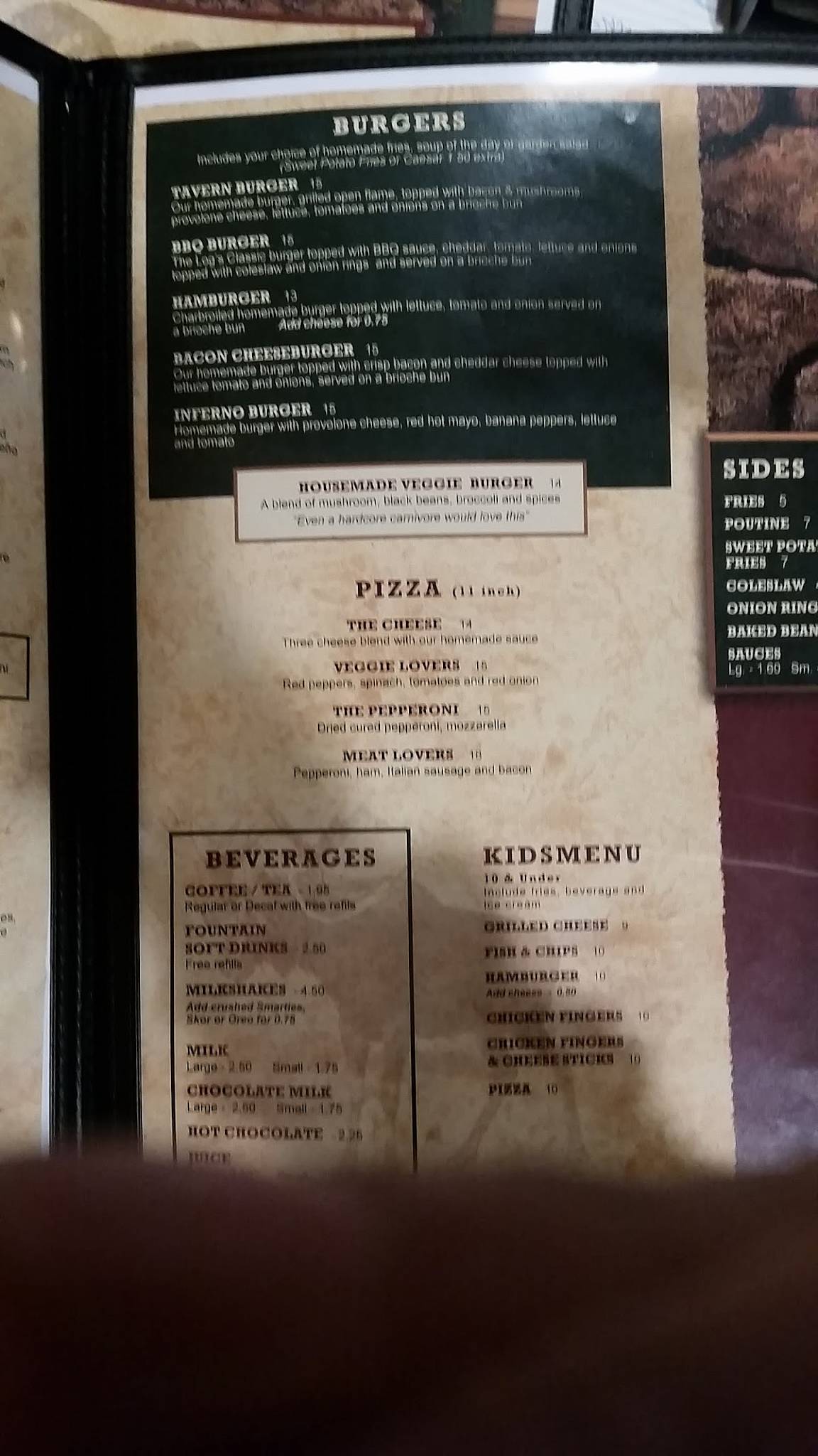 Menu at Log Cabin Tavern pub & bar, Kenora