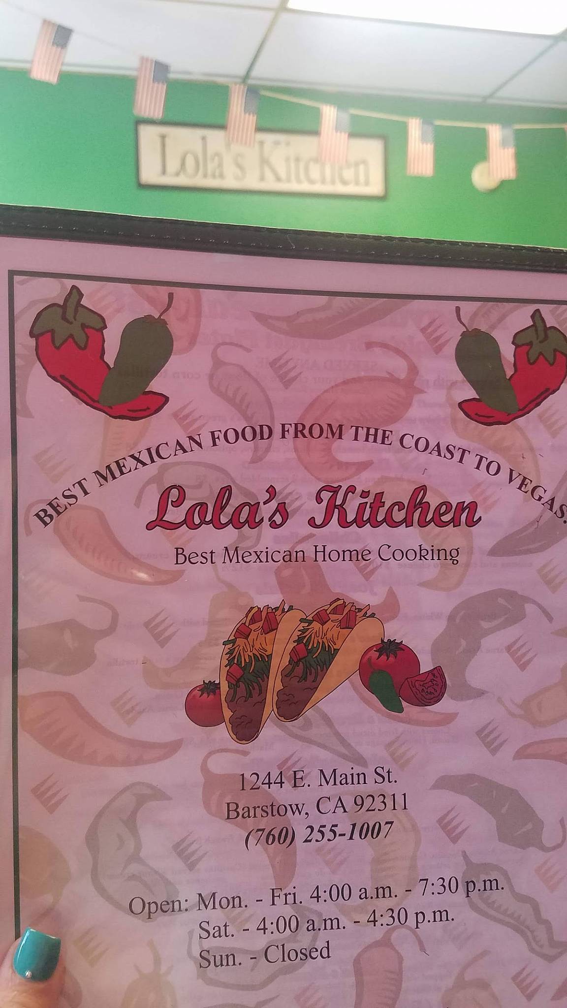 Menu at Lola's Kitchen restaurant, Barstow